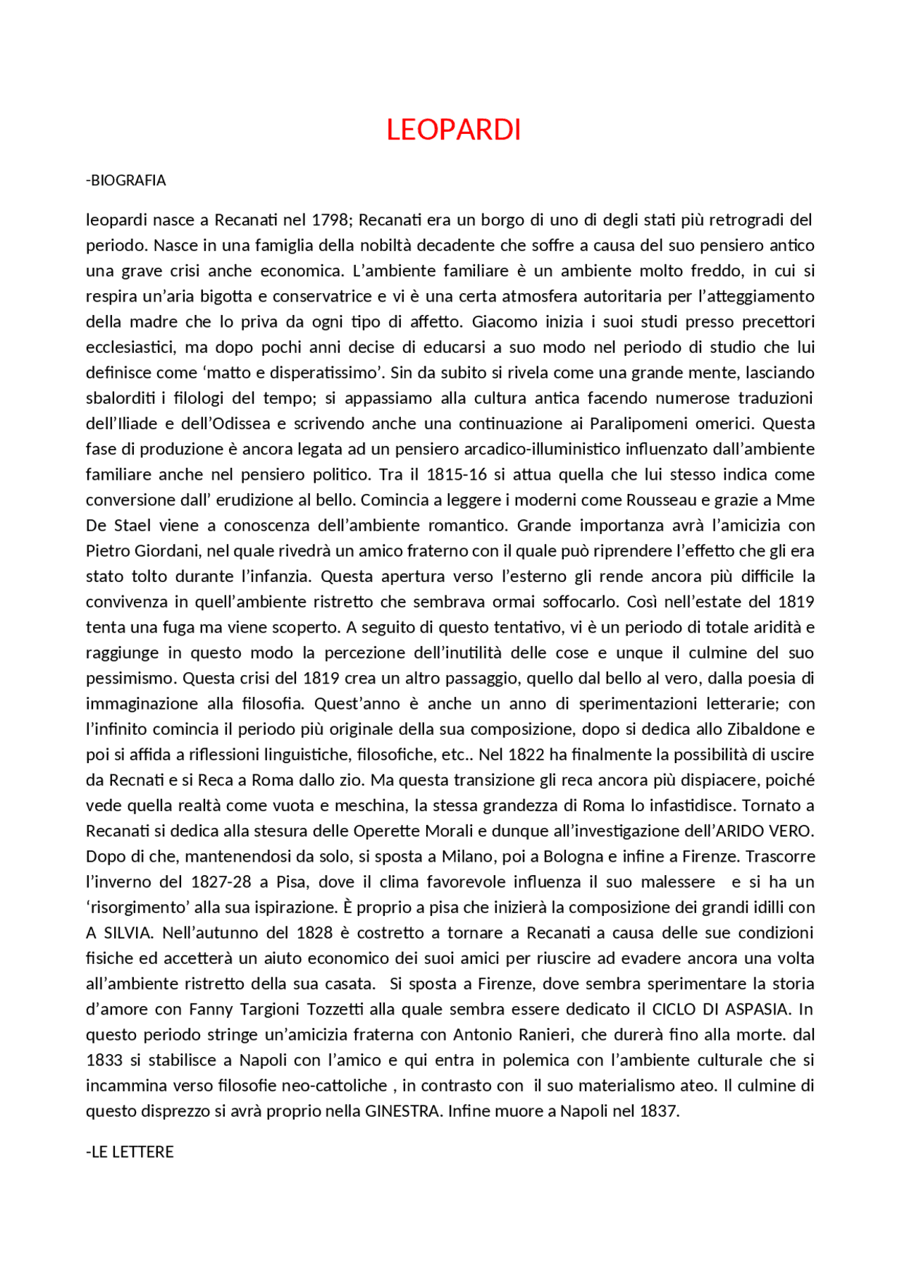 Leopardi Riassunto Opere Docsity