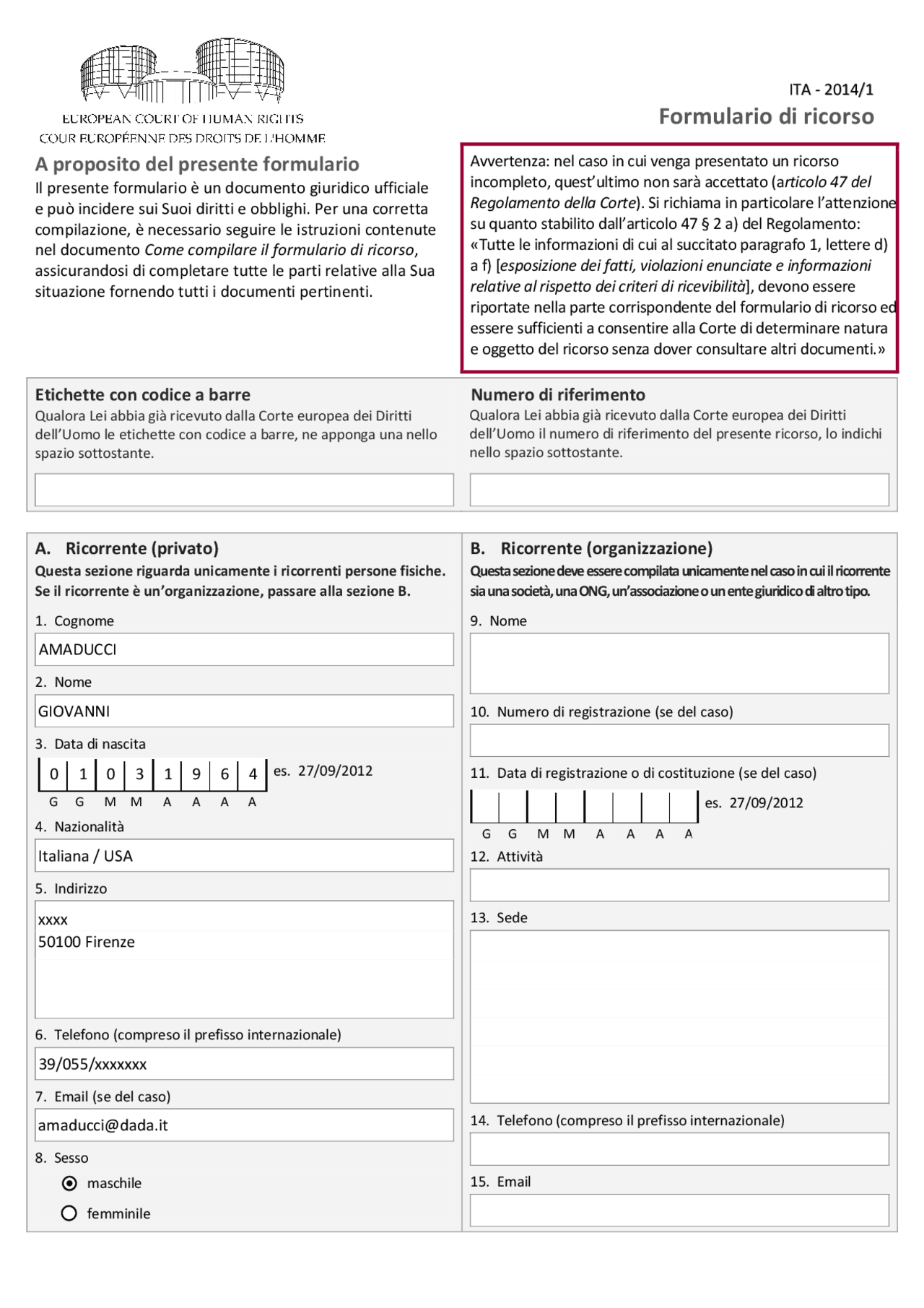 Formulario Ricorso Alla Corte Edu Docsity