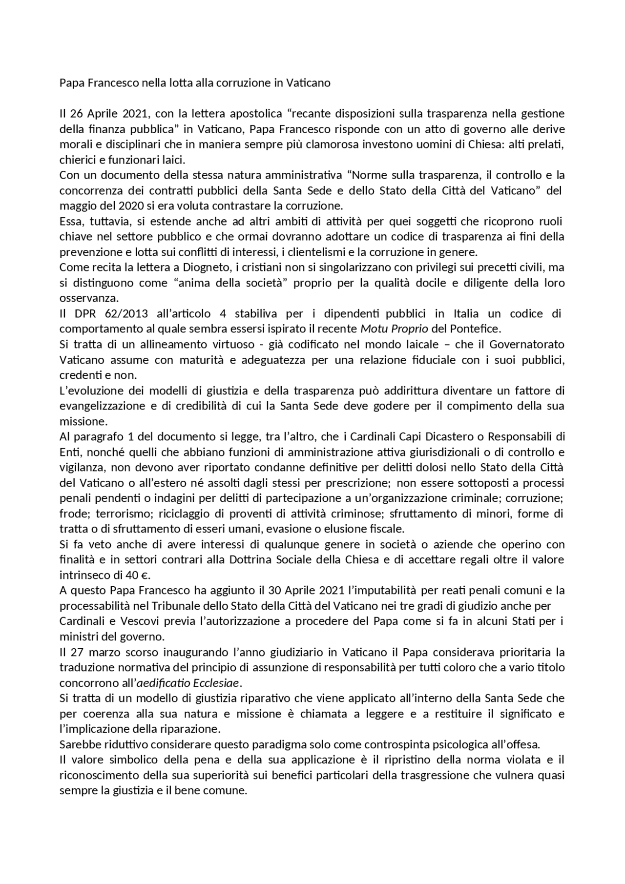 Papa Francesco Nella Lotta Alla Corruzione In Vaticano Docsity