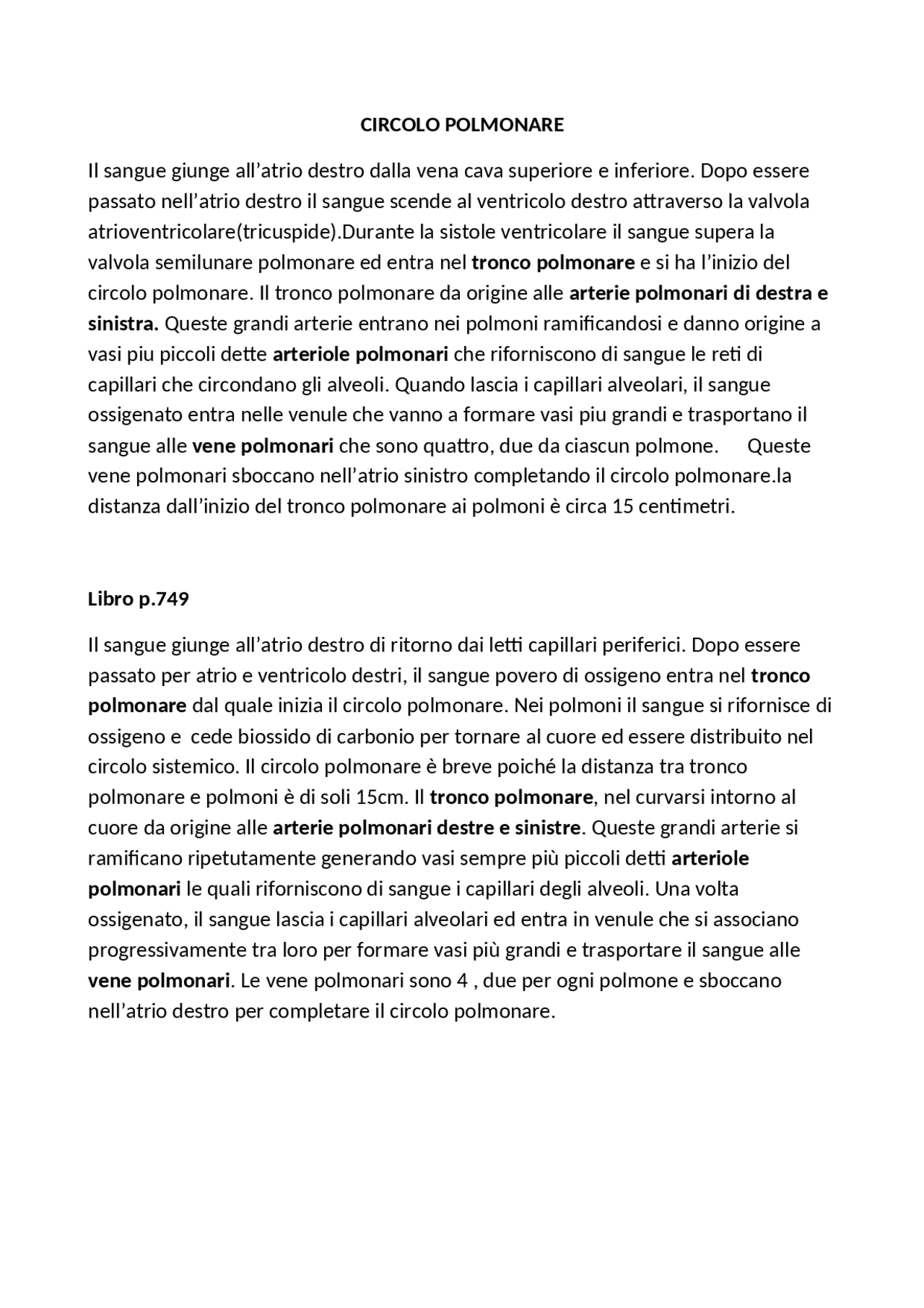 ANATOMIA - Circolo polmonare riassunto - Docsity