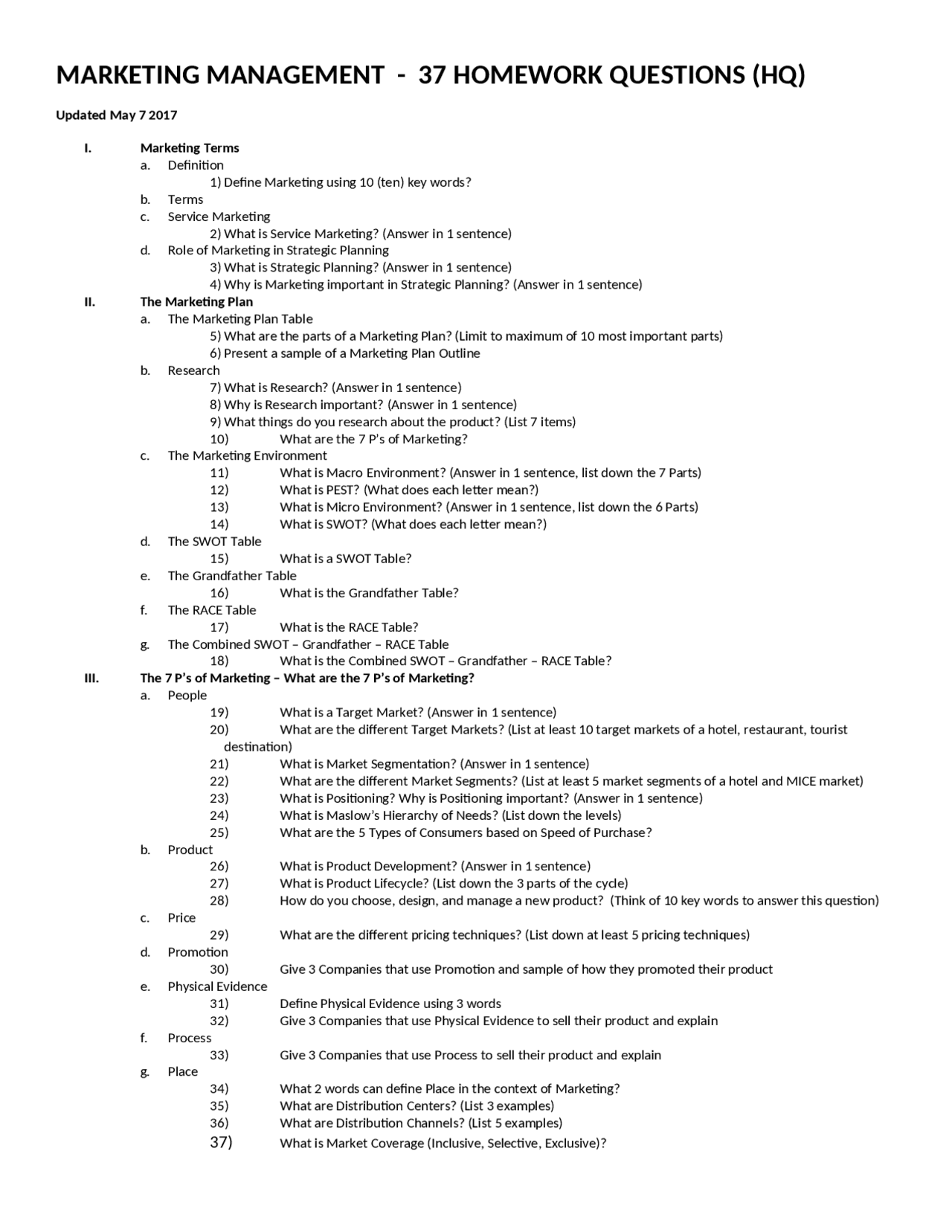 Marketing Management Questions Assignments Docsity