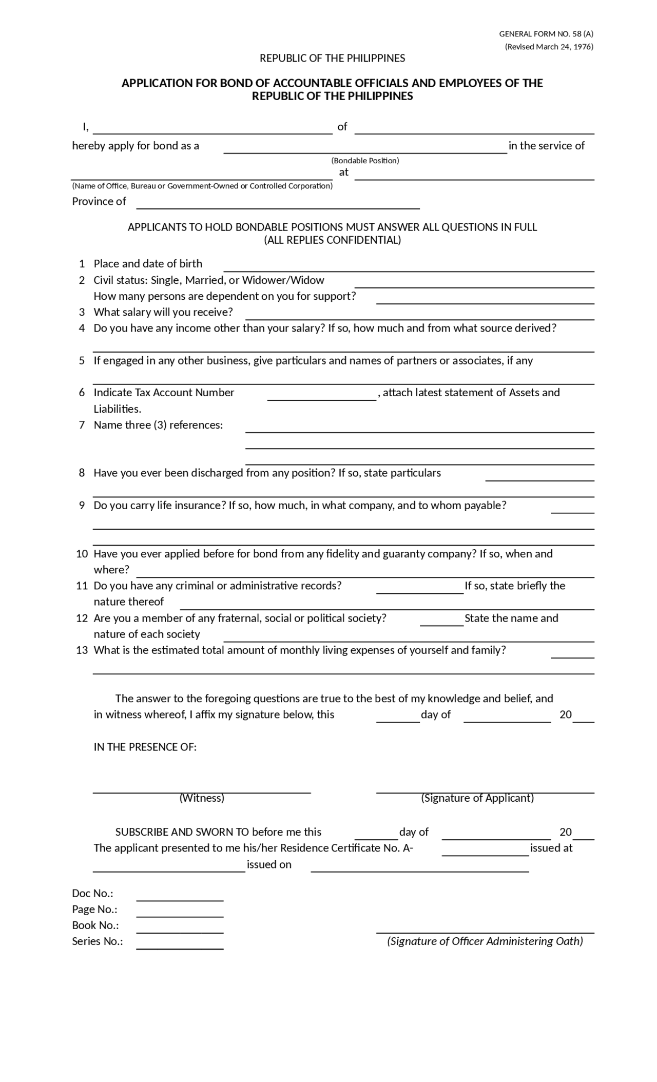 APPLICATION FOR BOND OF ACCOUNTABLE OFFICIALS | Assignments Business ...