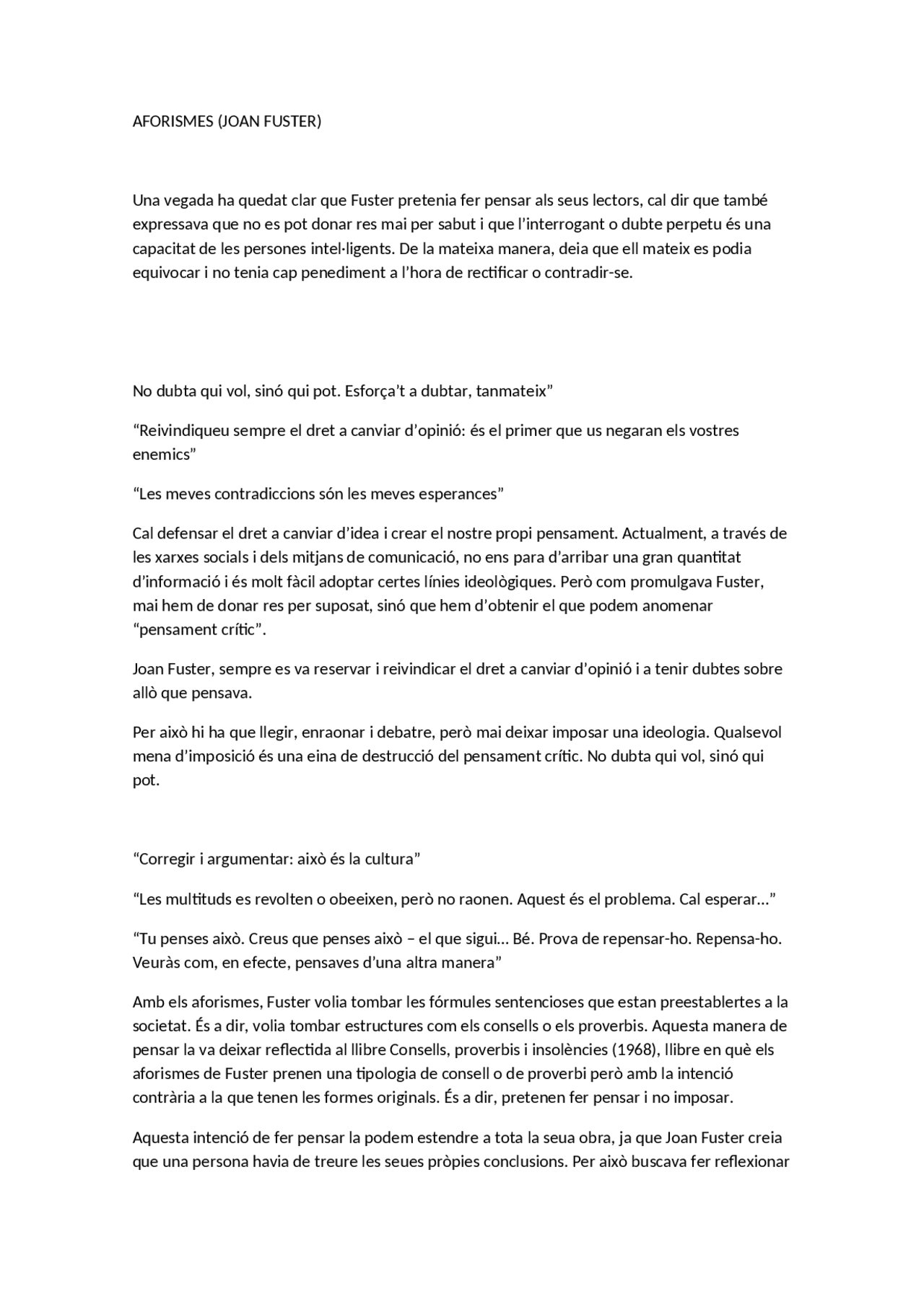 Literatura valenciana: Aforismo de Joan Fuster (català) - Docsity