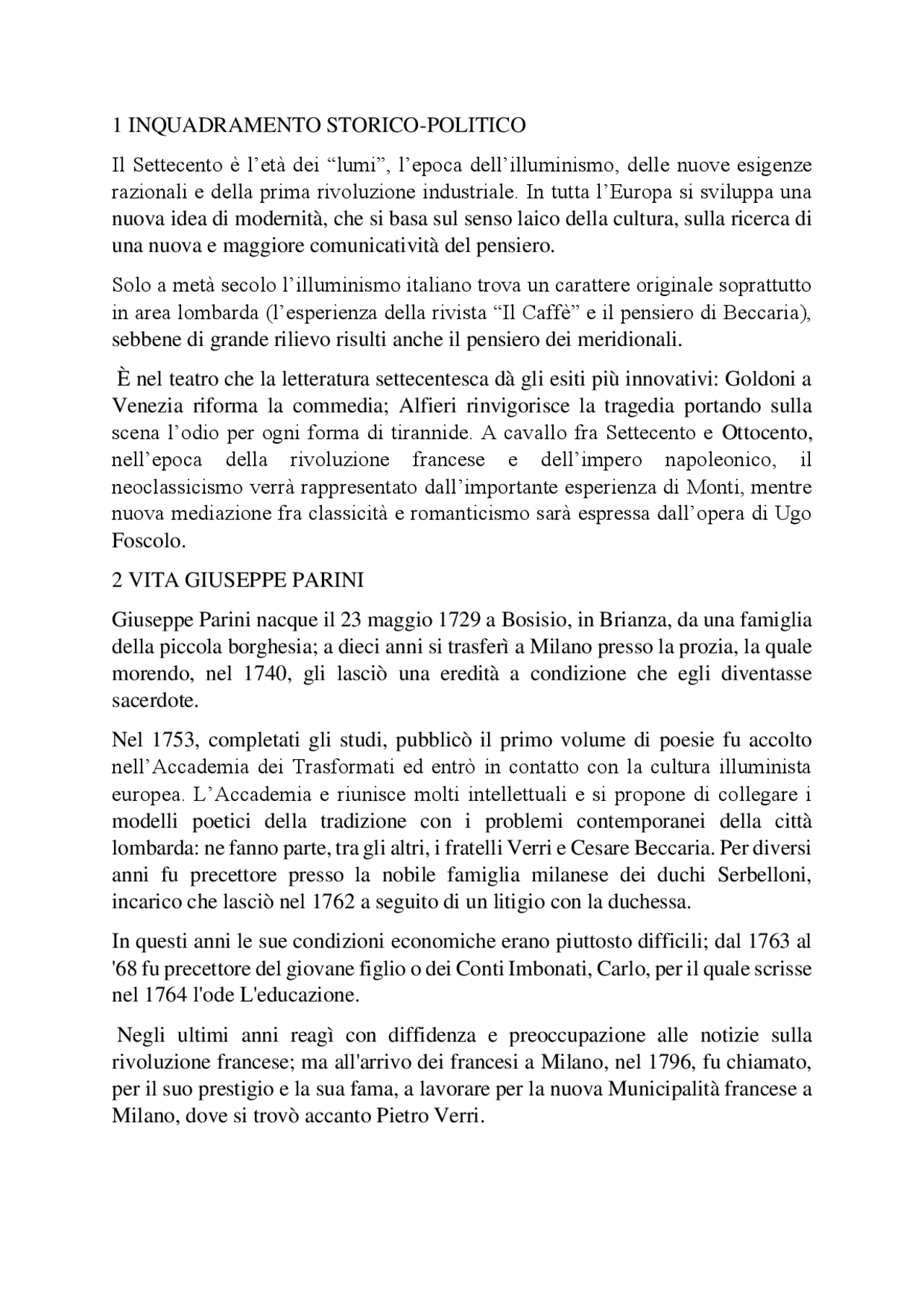 Riassunto Giuseppe Parini Docsity