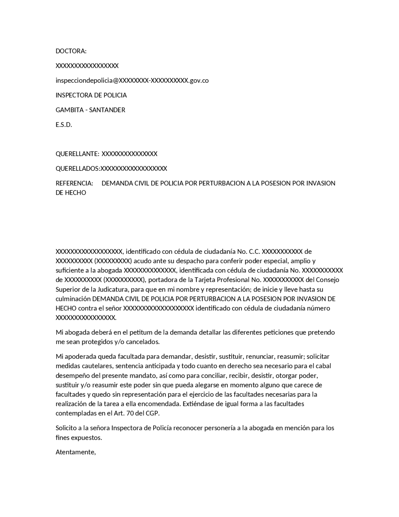 PODER - QUERELLA POLICIVA | Transcripciones de Protección Civil | Docsity