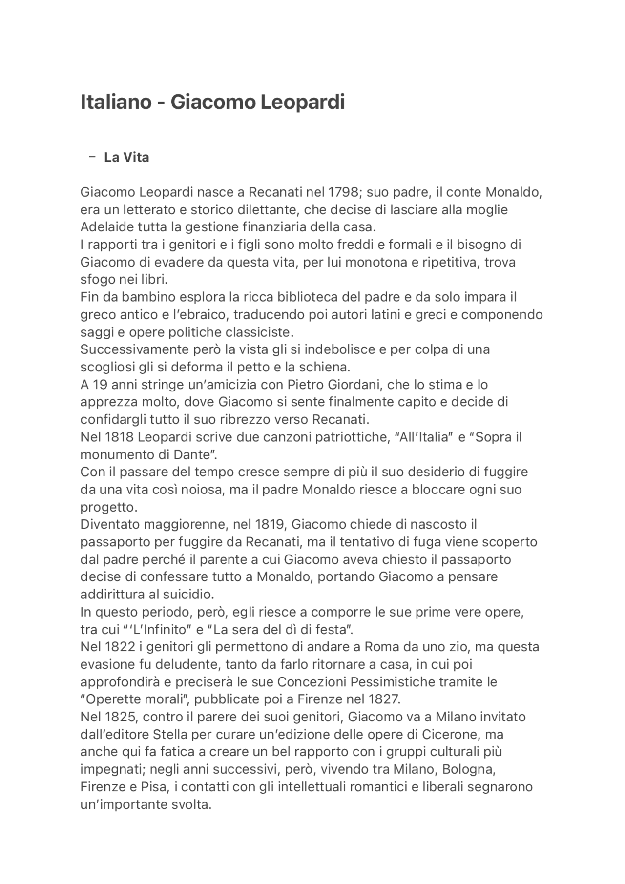 Italiano - Giacomo Leopardi - Docsity