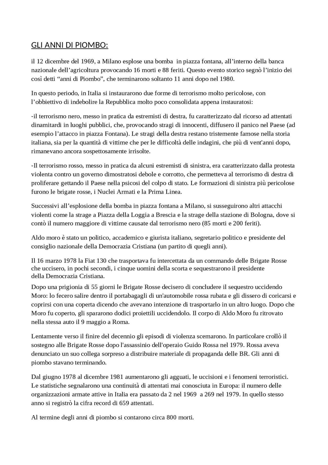Riassunto Dei Cosiddetti Anni Di Piombo Docsity