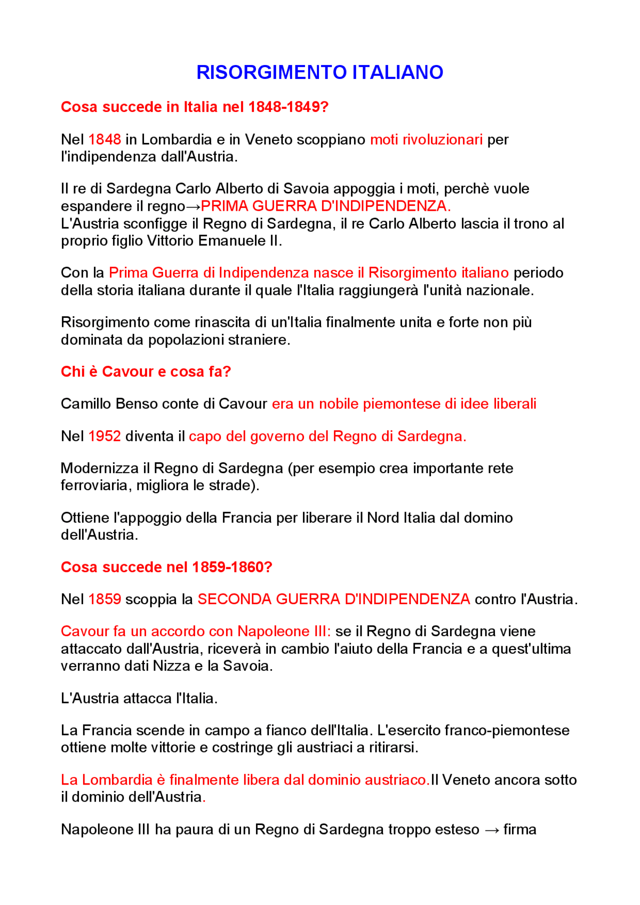 Riassunto Risorgimento Docsity