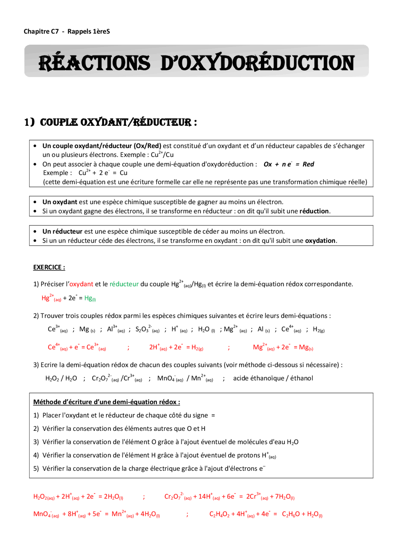 Réaction Doxydoréduction Docsity