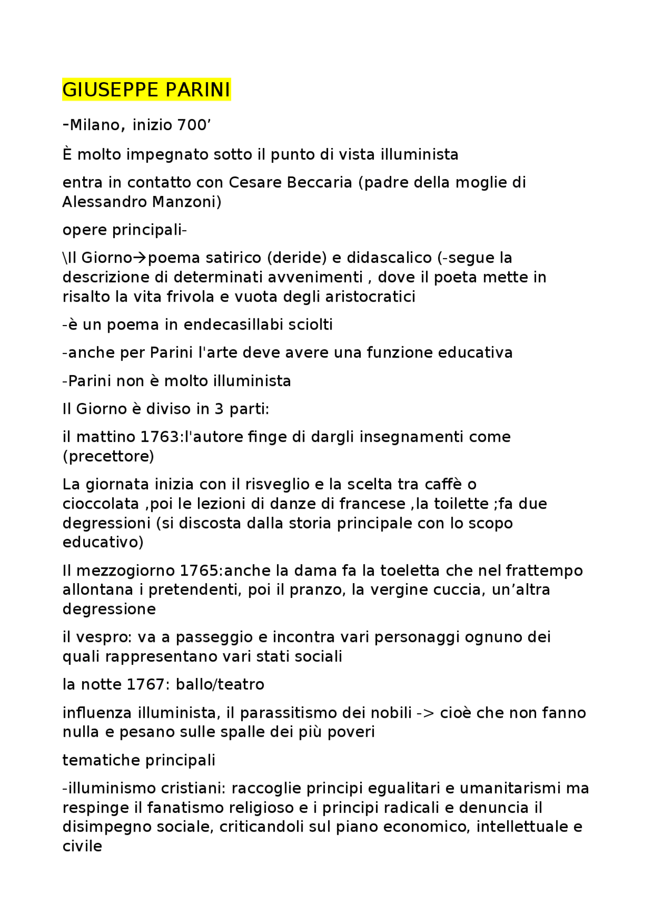 Giuseppe Parini E Introduzione De Il Giorno Docsity