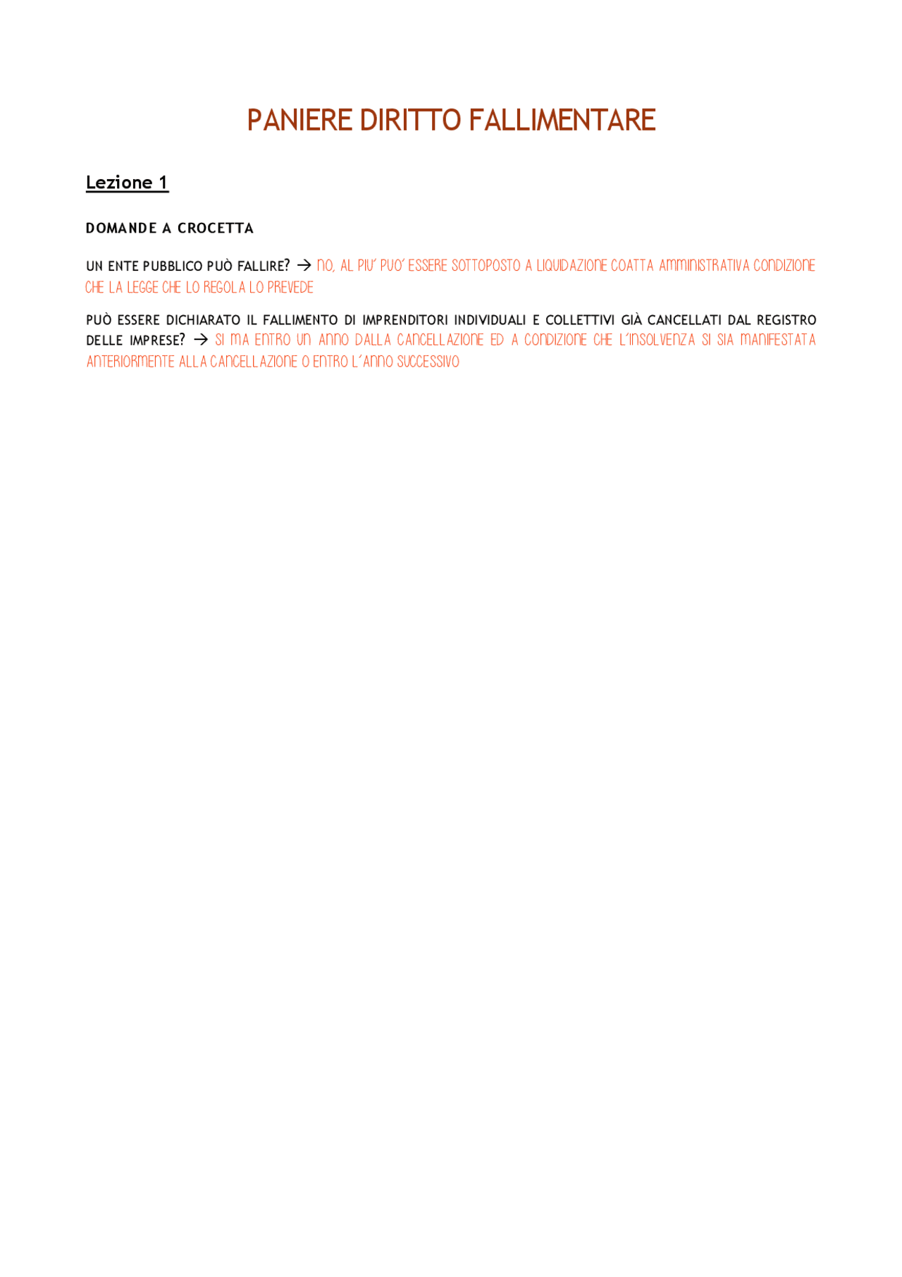 Paniere Esame Diritto Fallimentare E Campus Docsity