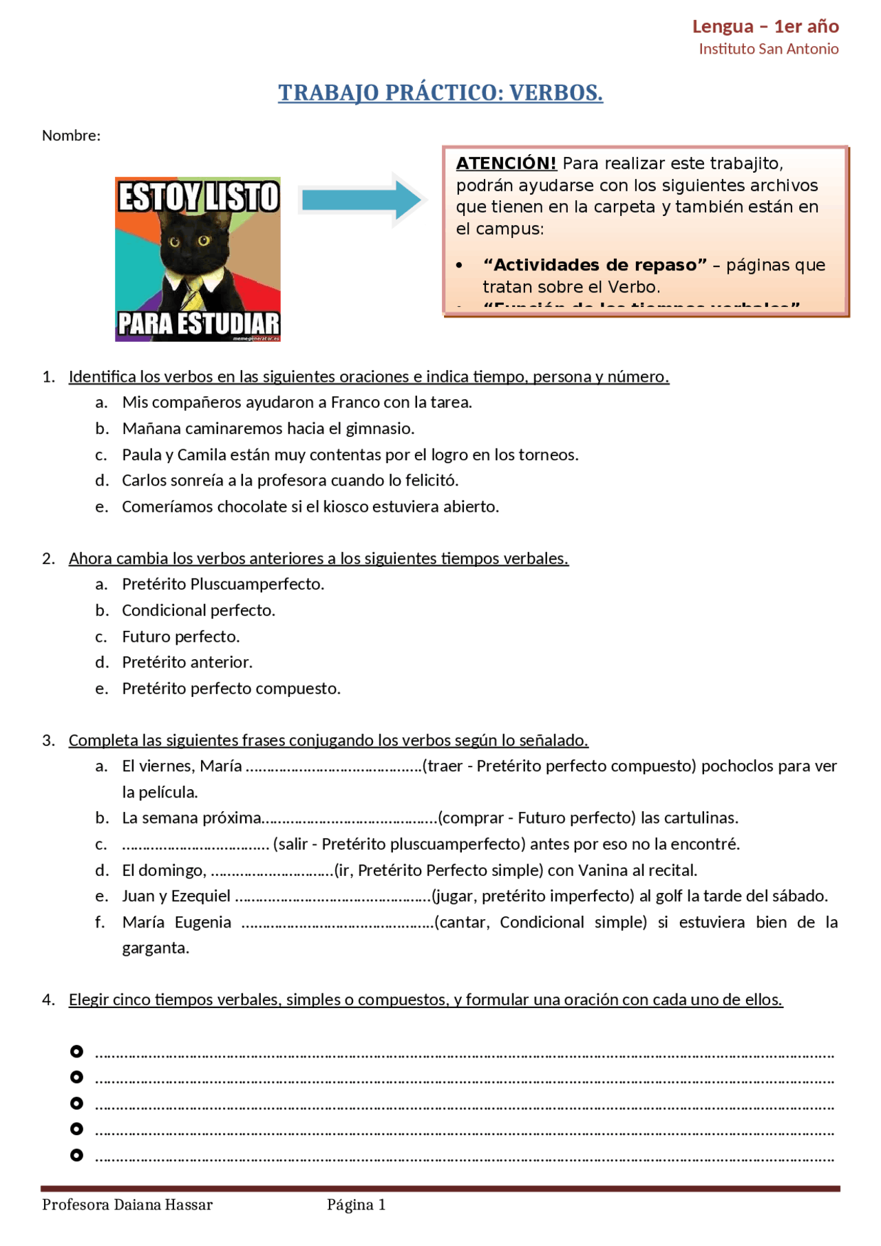 Tiempos verbales de lengua grado 1 - Docsity