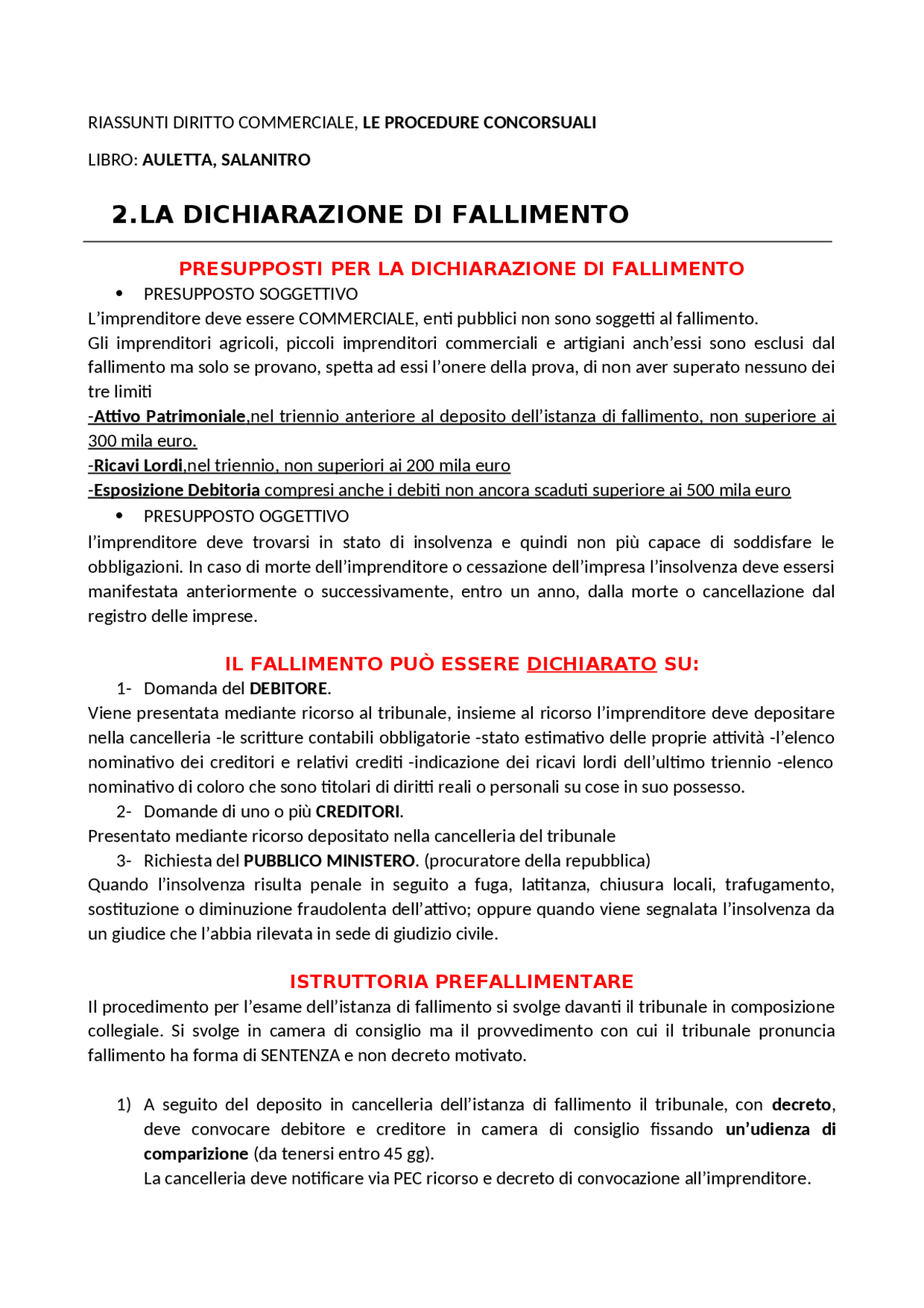 Riassunti Diritto Commerciale Procedure Concorsuali Sintesi Del