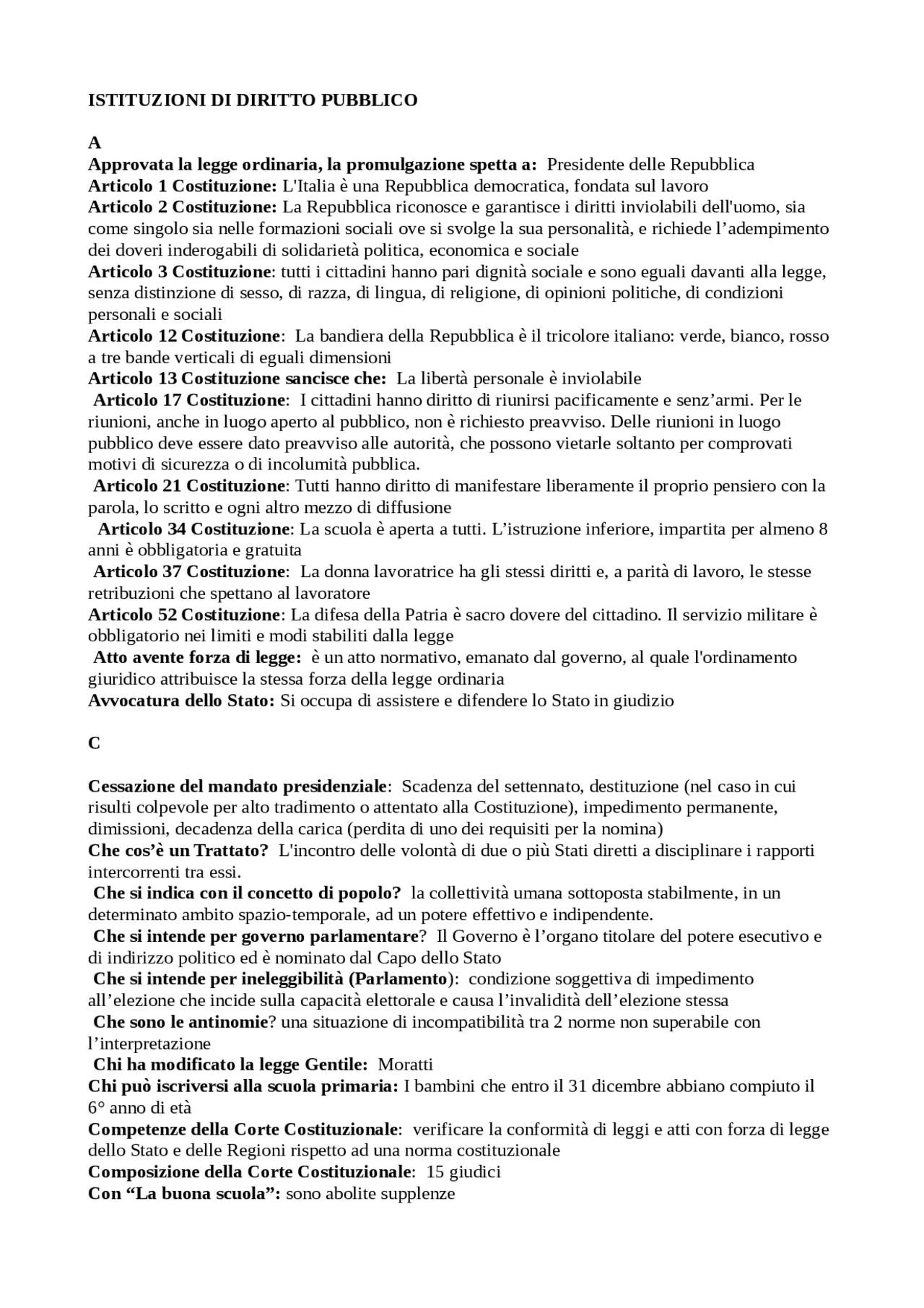 Istituzioni di diritto pubblico, domande chiuse+ risposte - Docsity