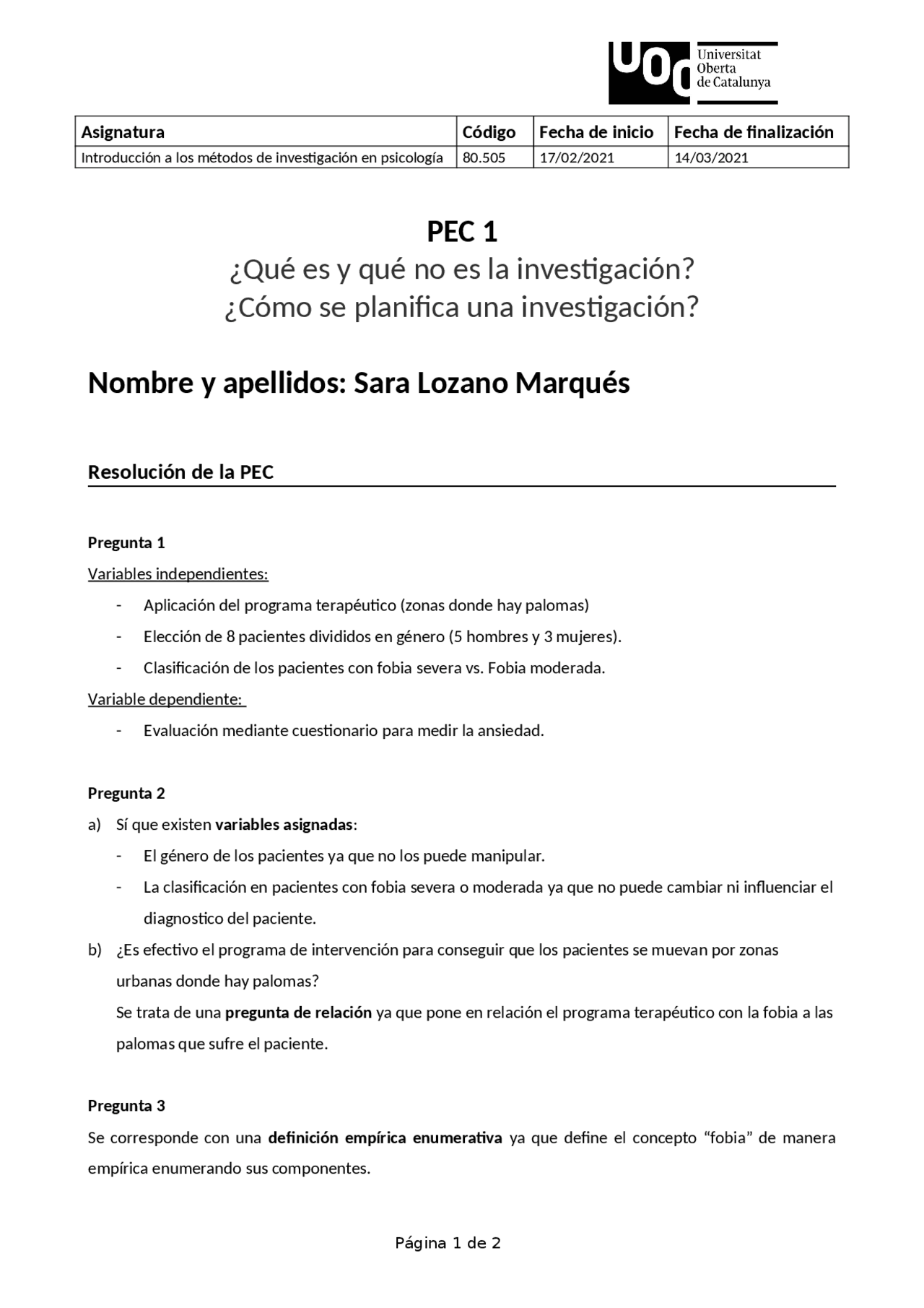 Pec 1 IntroducciÓn Metodos De InvestigaciÓn Nota A Ejercicios De