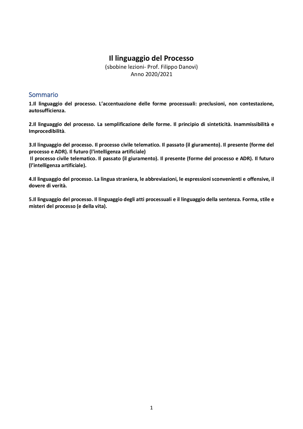 Il linguaggio del processo, 2020/21 Bicocca prof. F. Danovi - Docsity