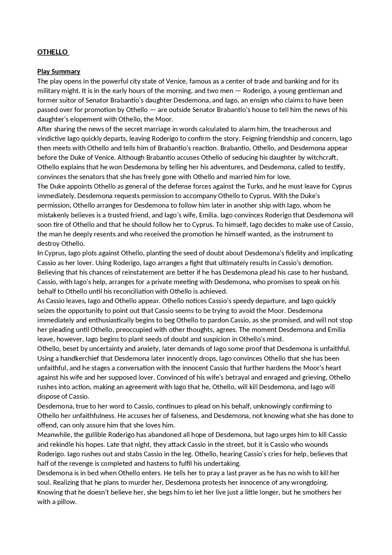 Othello di Shakespeare. Riassunto e analisi appronfonditi - Docsity