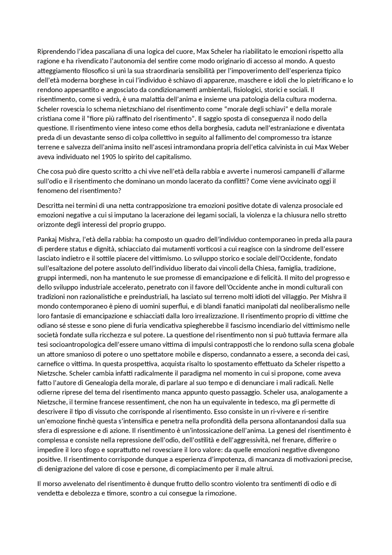 Il risentimento, Max Scheler - Docsity