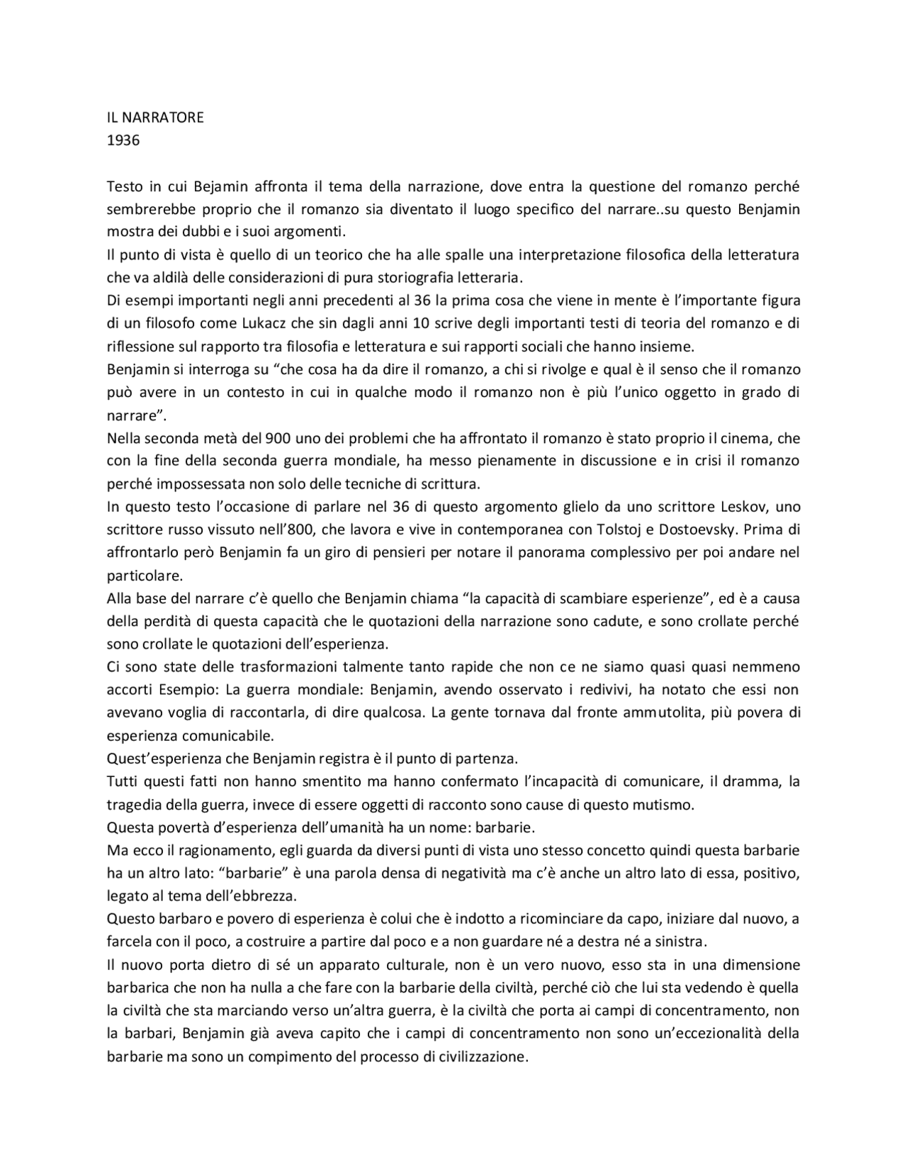 Walter Benjamin Il Narratore Docsity