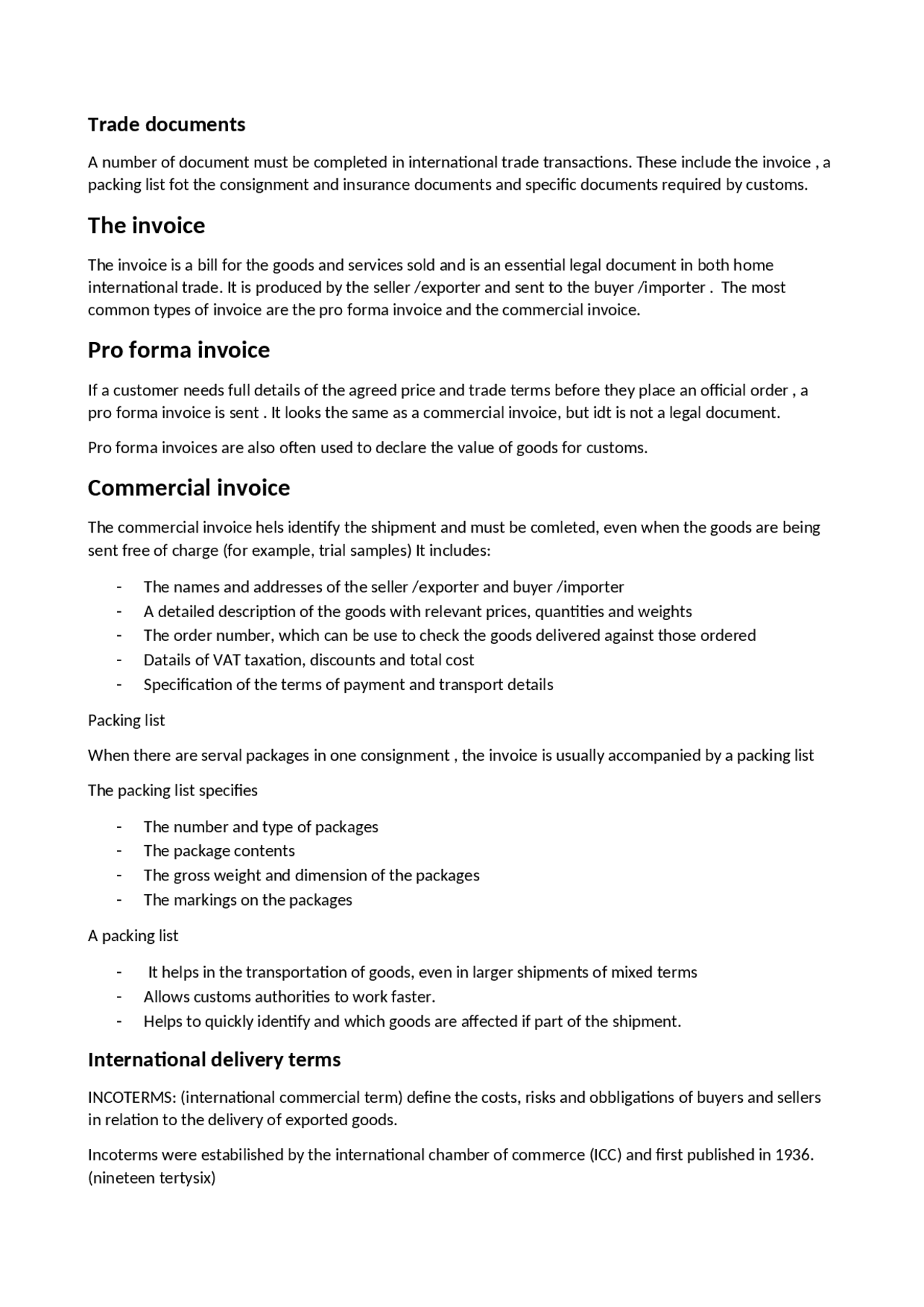 Trade document, appunti classe terza ragioneria - Docsity