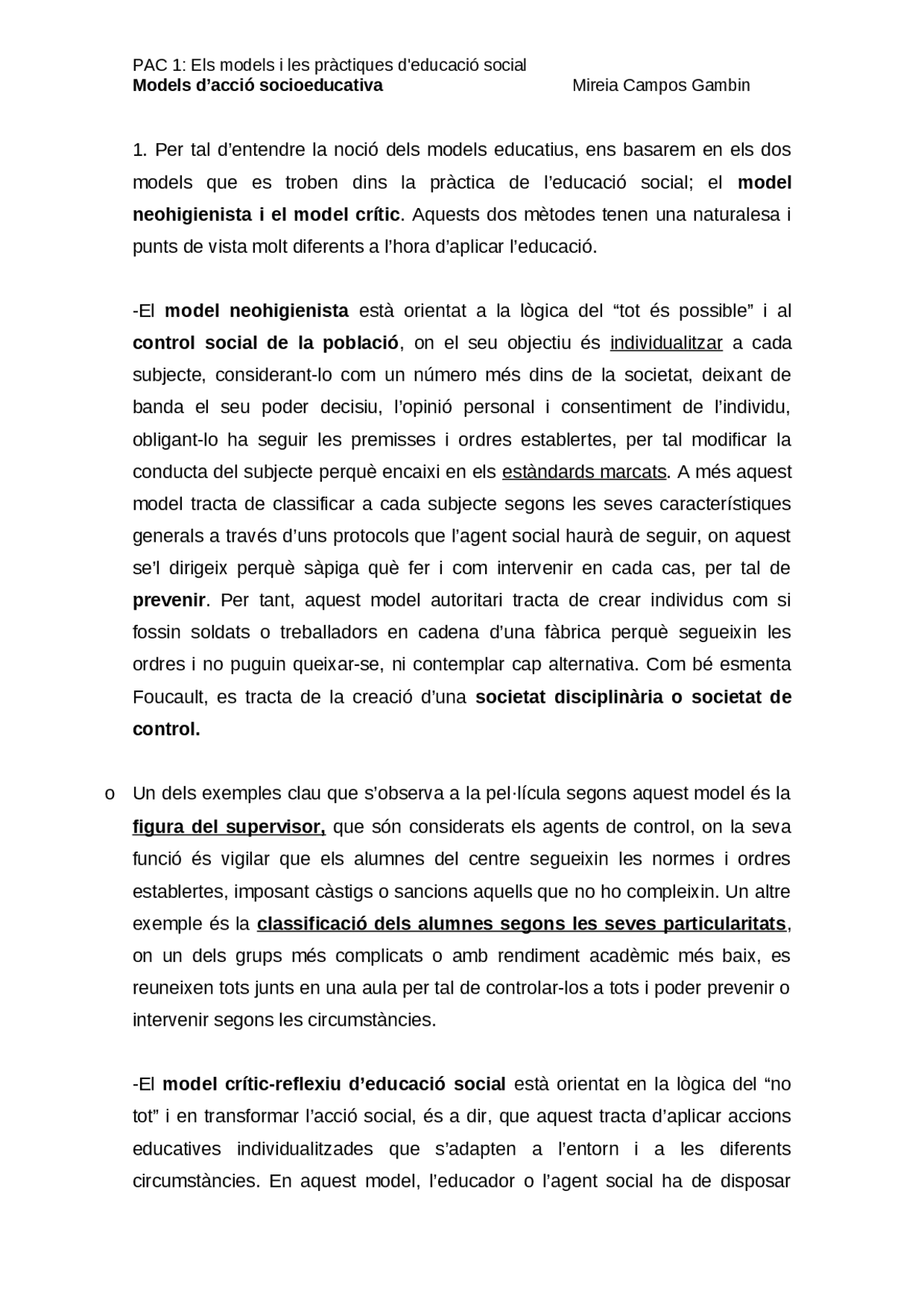 Pac 1 Models DacciÓ Socioeducativa Docsity