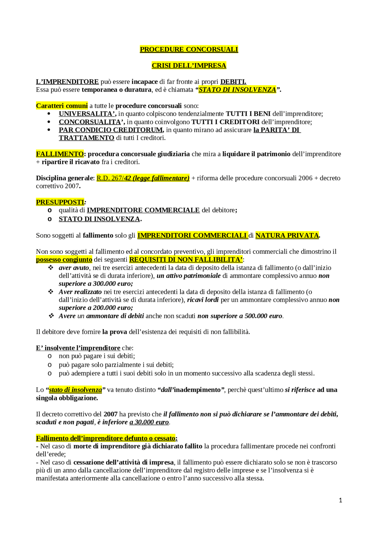 Riassunto Procedure Concorsuali Docsity