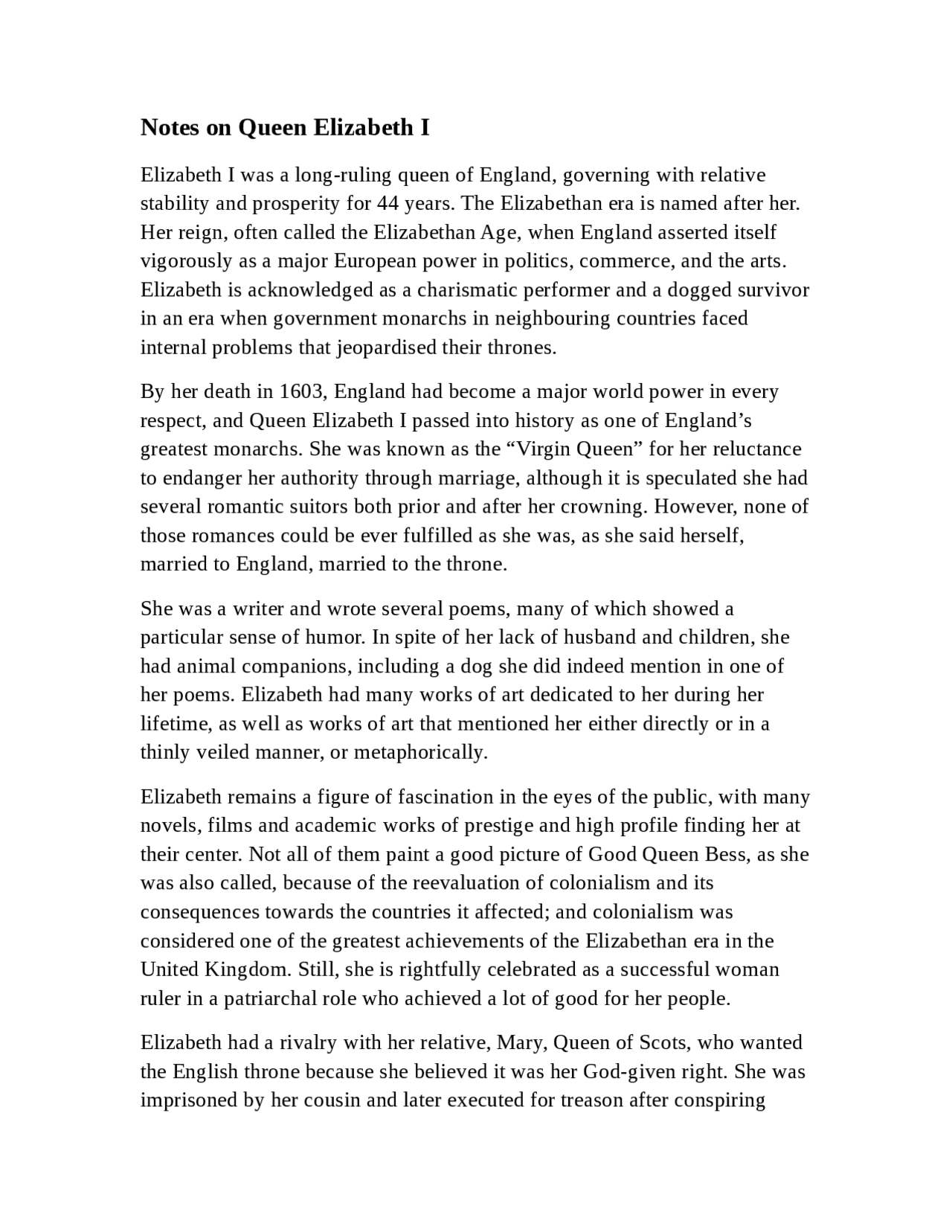 Notes on Elizabeth I - Docsity