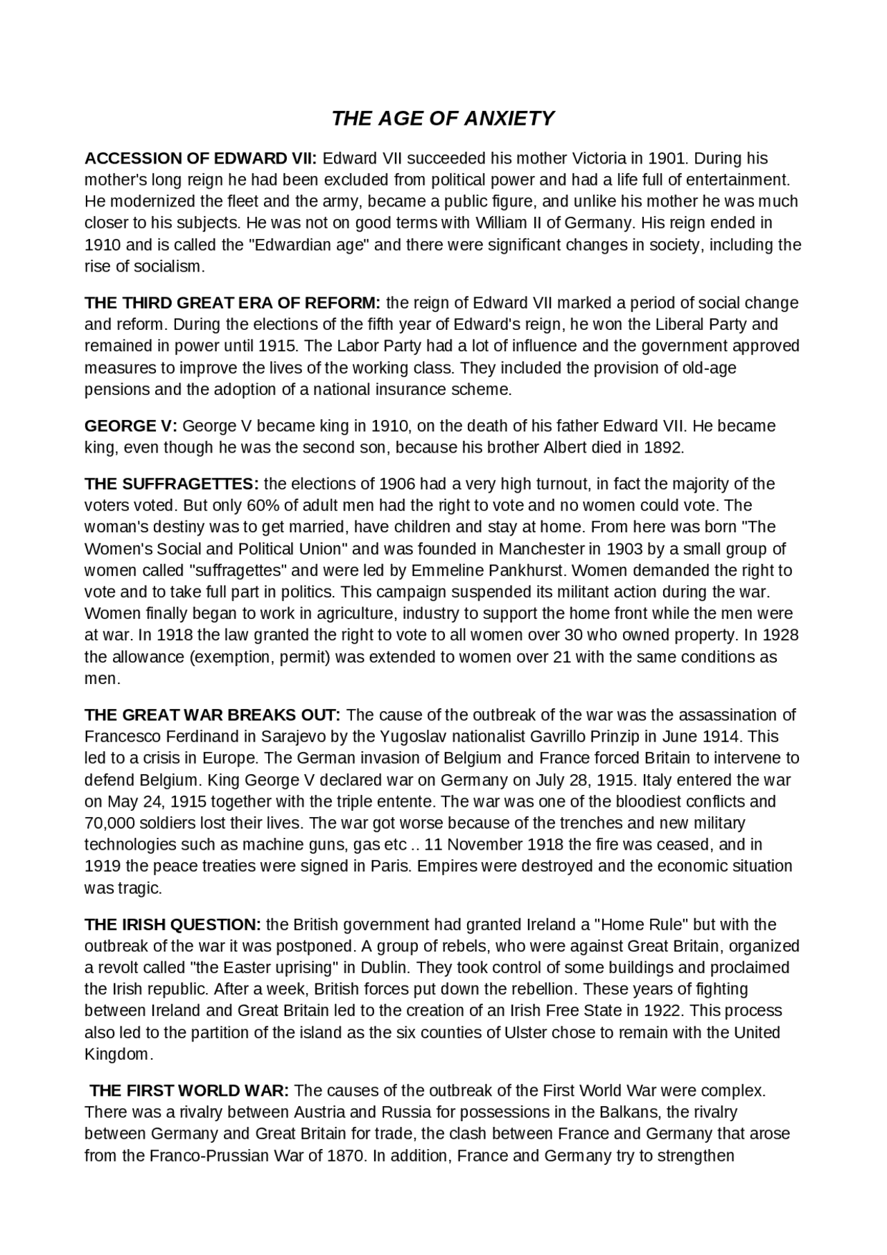 THE AGE OF ANXIETY/MODERNISM/PARTE STORICA PRIMA GUERRA MONDIALE/JAMES ...