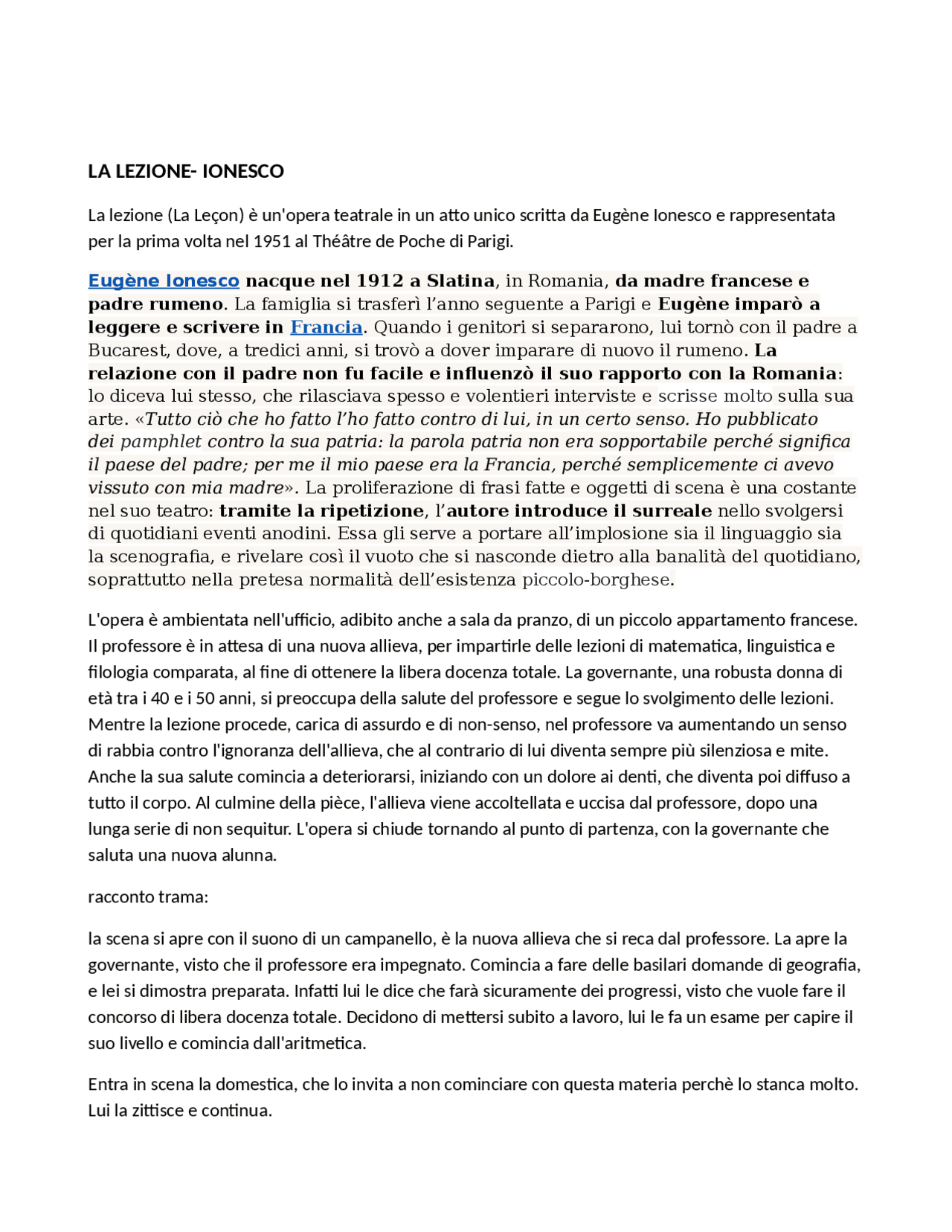 La Lezione Ionesco Notes De Littérature Française Docsity