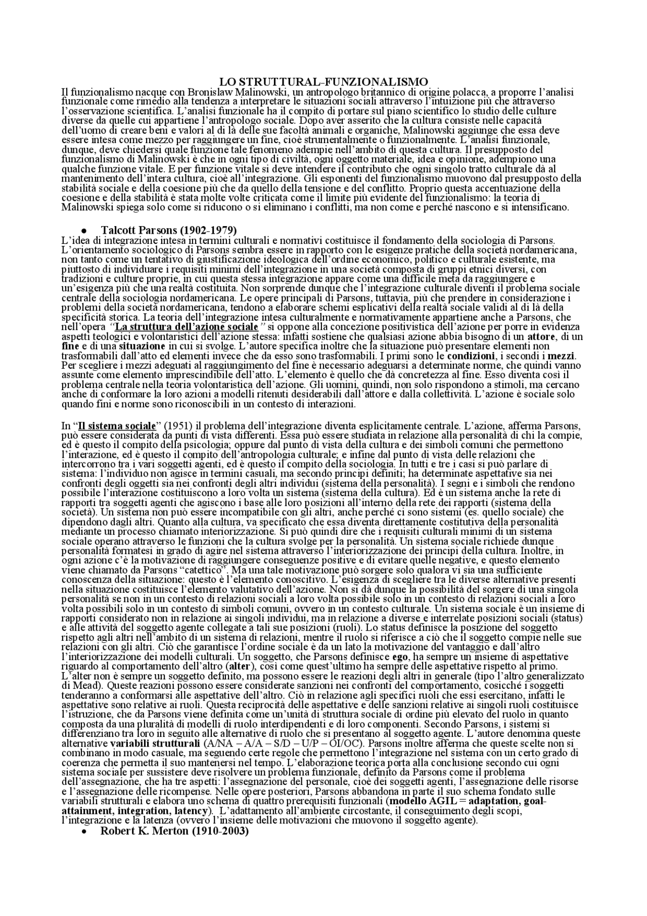 Lo Struttural Funzionalismo Docsity