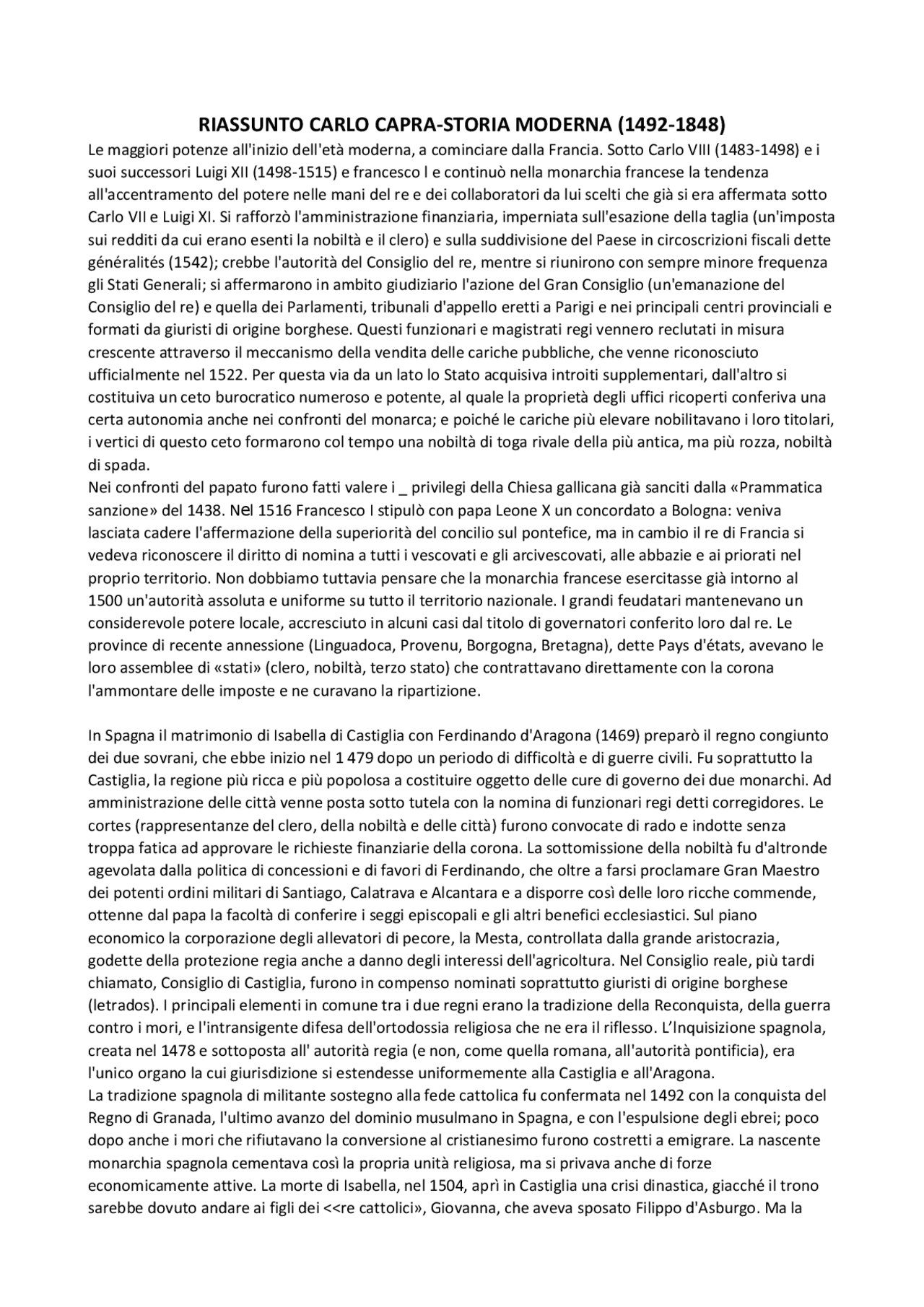 Riassunto Carlo Capra Storia Moderna - Docsity