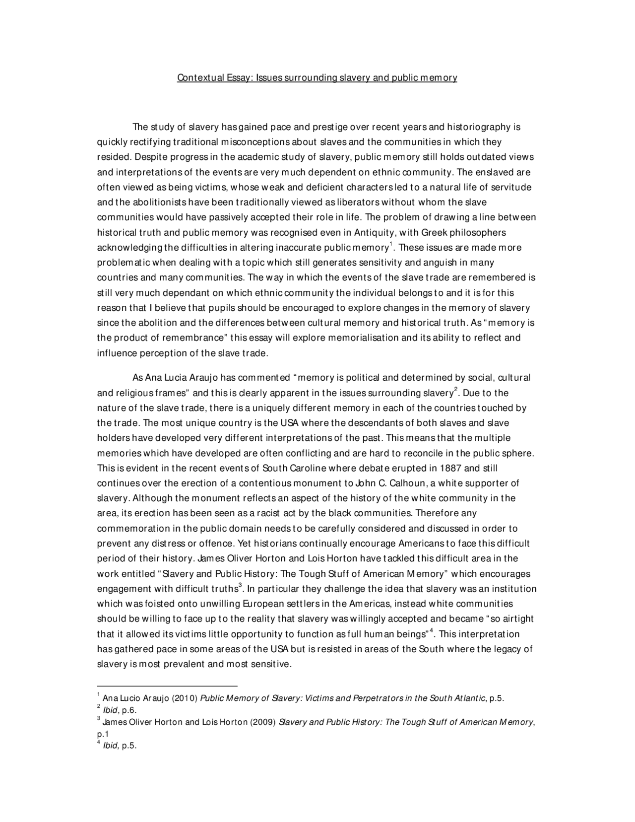 Contextual Essay: Issues surrounding slavery and public memory - Docsity