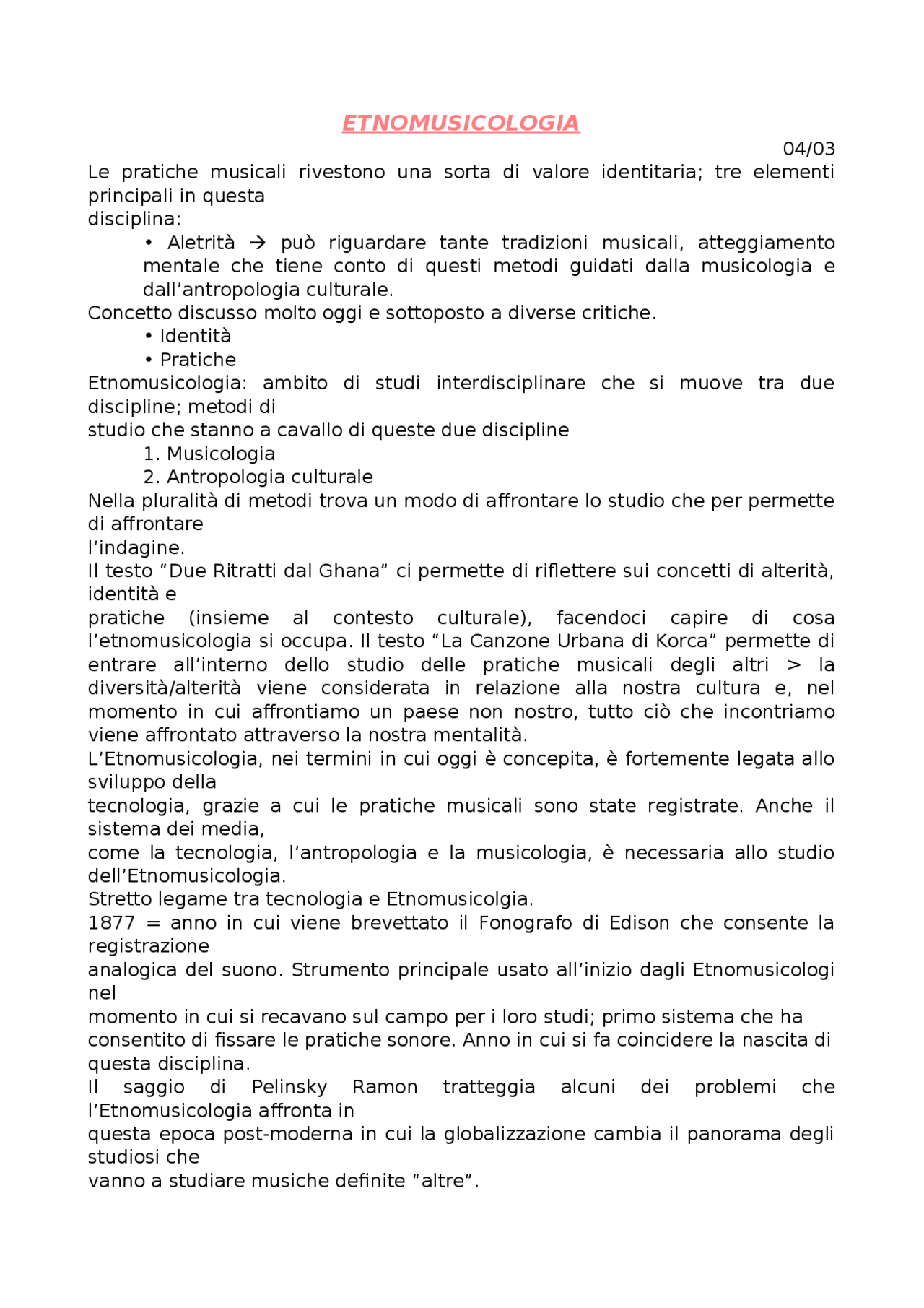 Etnomusicologia Modulo A 2021 Docsity