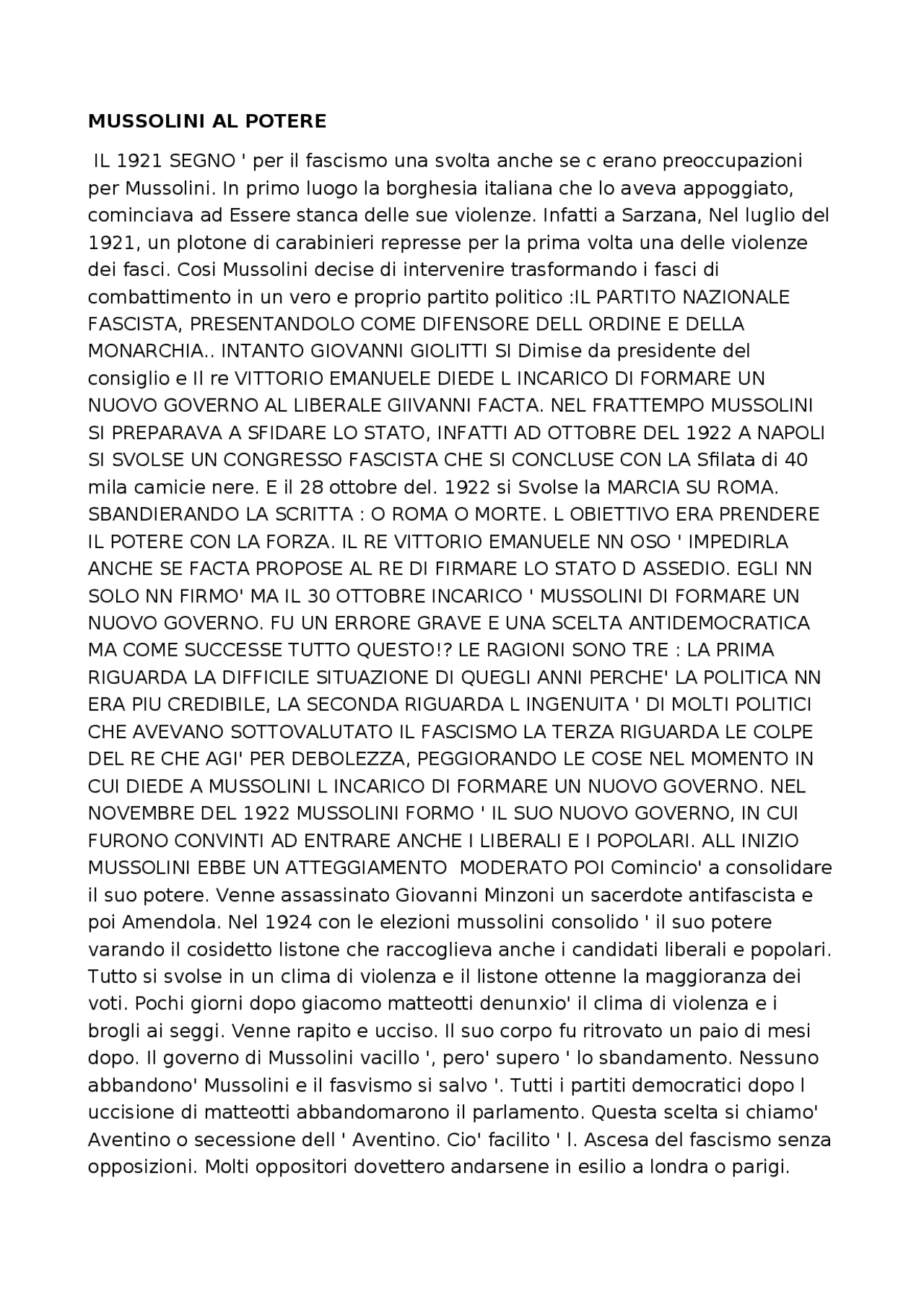 Mussolini al Potere. - Docsity