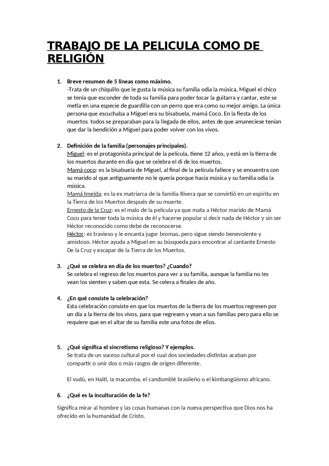 PREGUNTAS DE RELIGION DE LA PELICULA COCO | Ejercicios de Religión ...