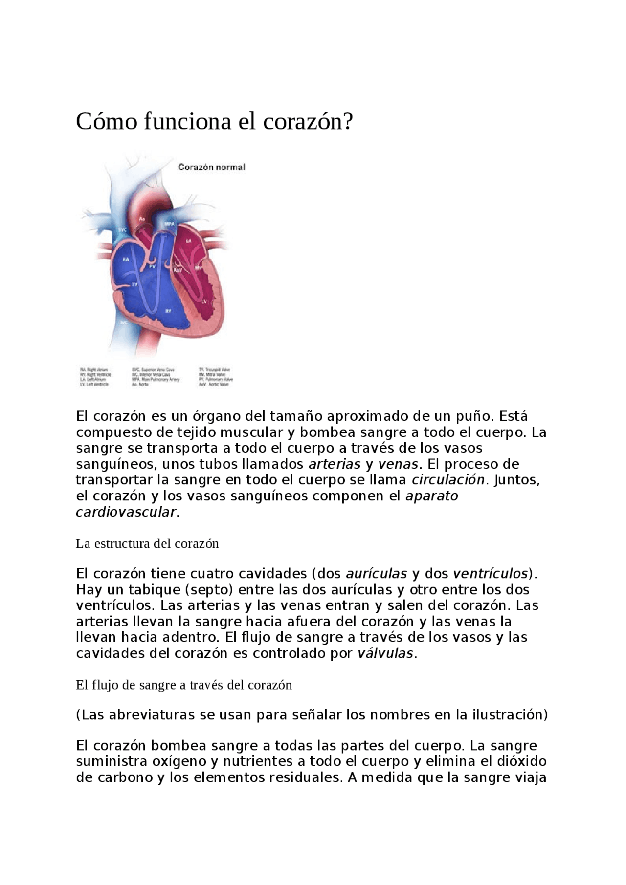El Corazón y su función - Docsity