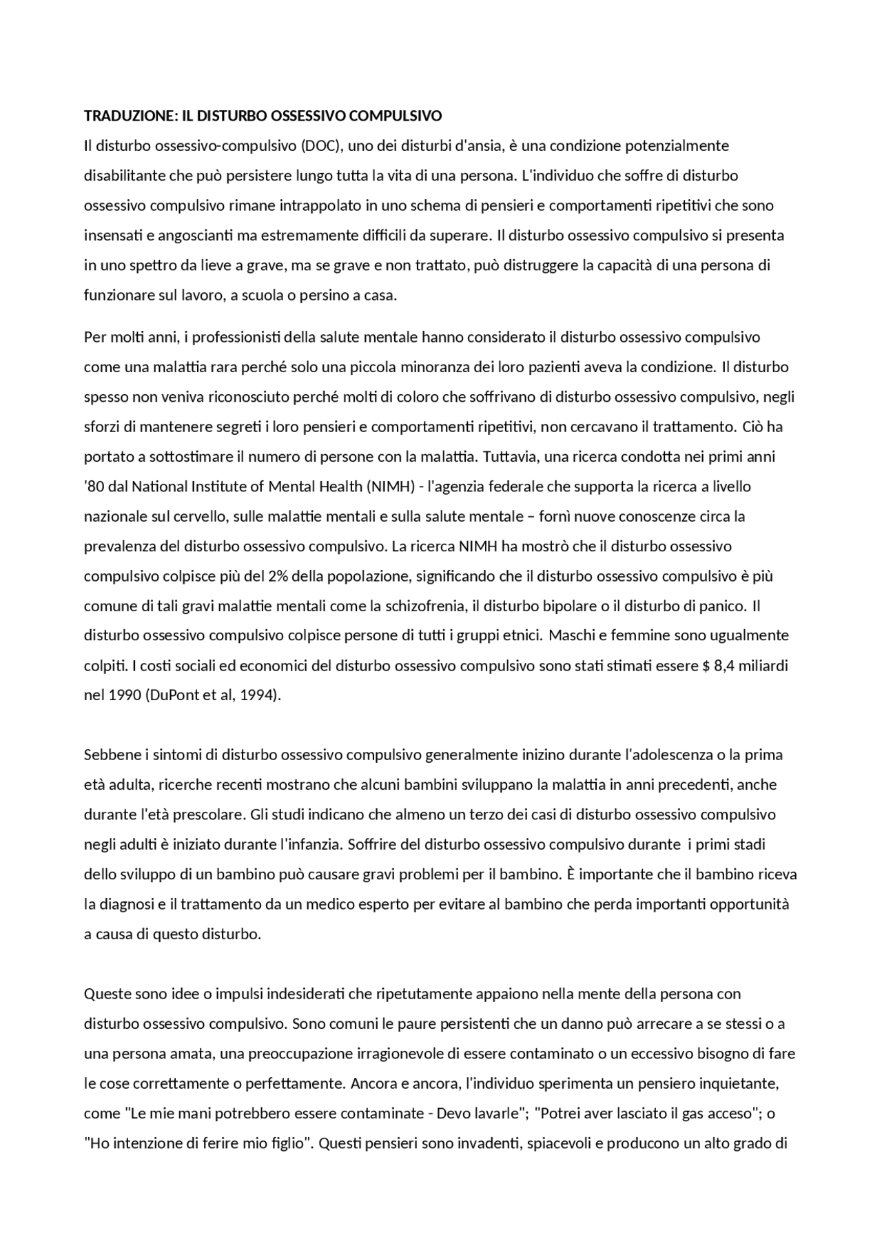 Appunti Su Disturbo Ossessivo Docsity