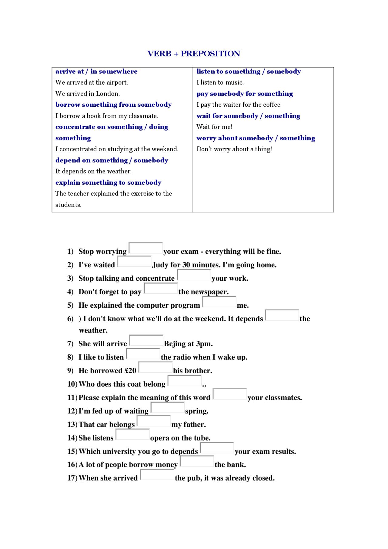 Verb plus preposition exercises. - Docsity