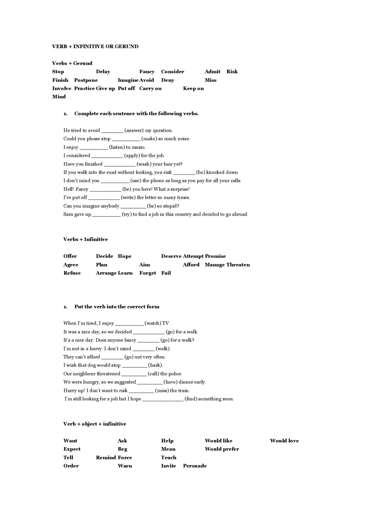 Verb plus infinitive or gerund exercises - Docsity