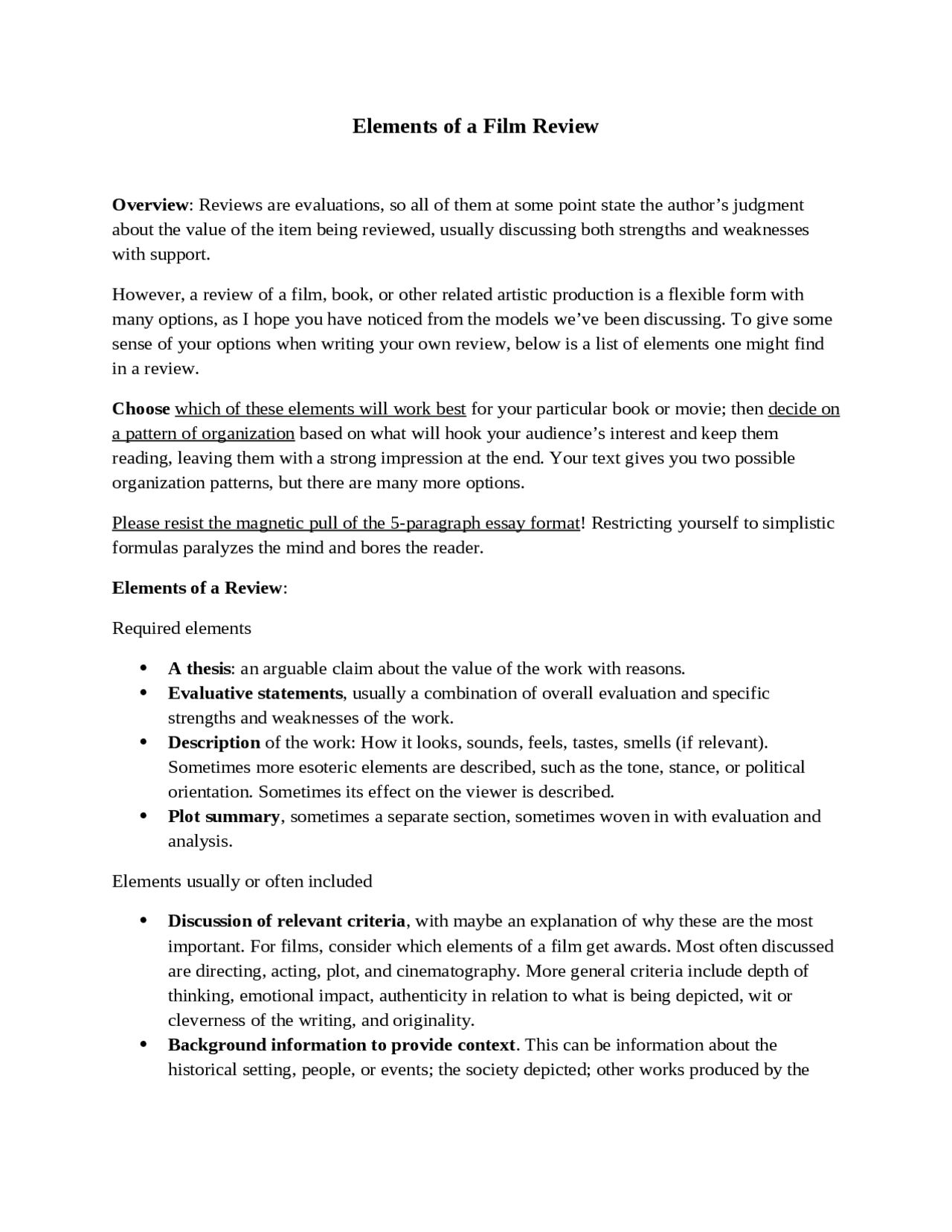 Elements of film review - Docsity