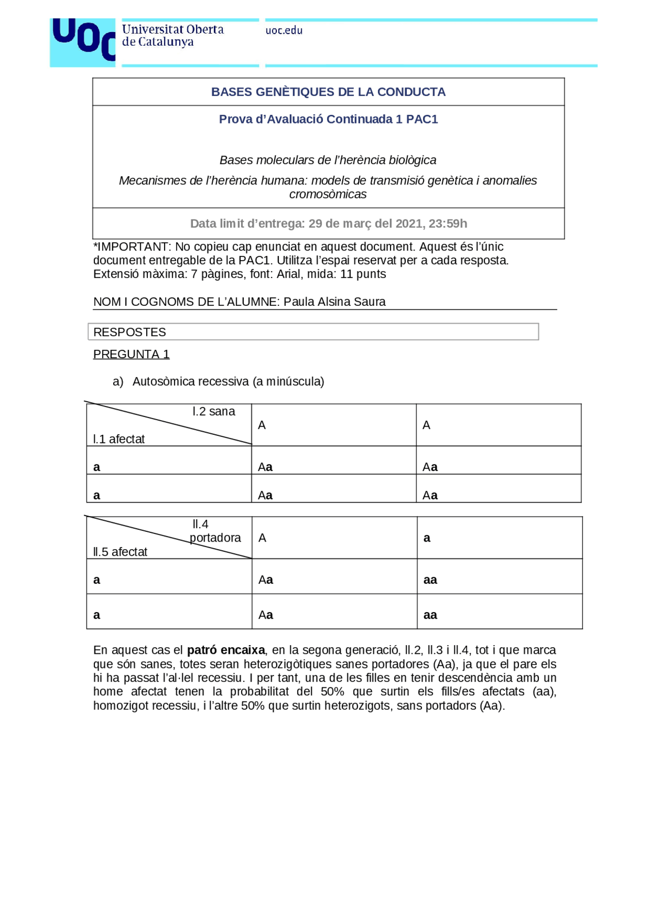 Pac 1 Bases Genètiques nota A - Docsity