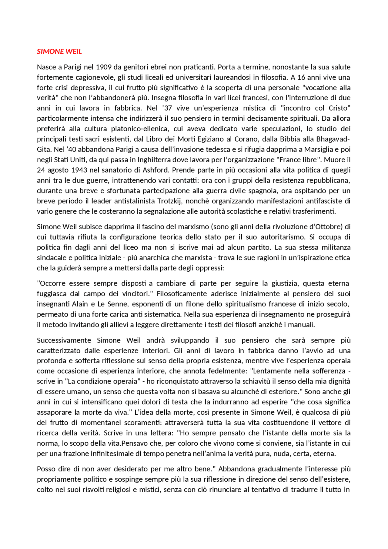Riassunto Breve Simone Weil Docsity