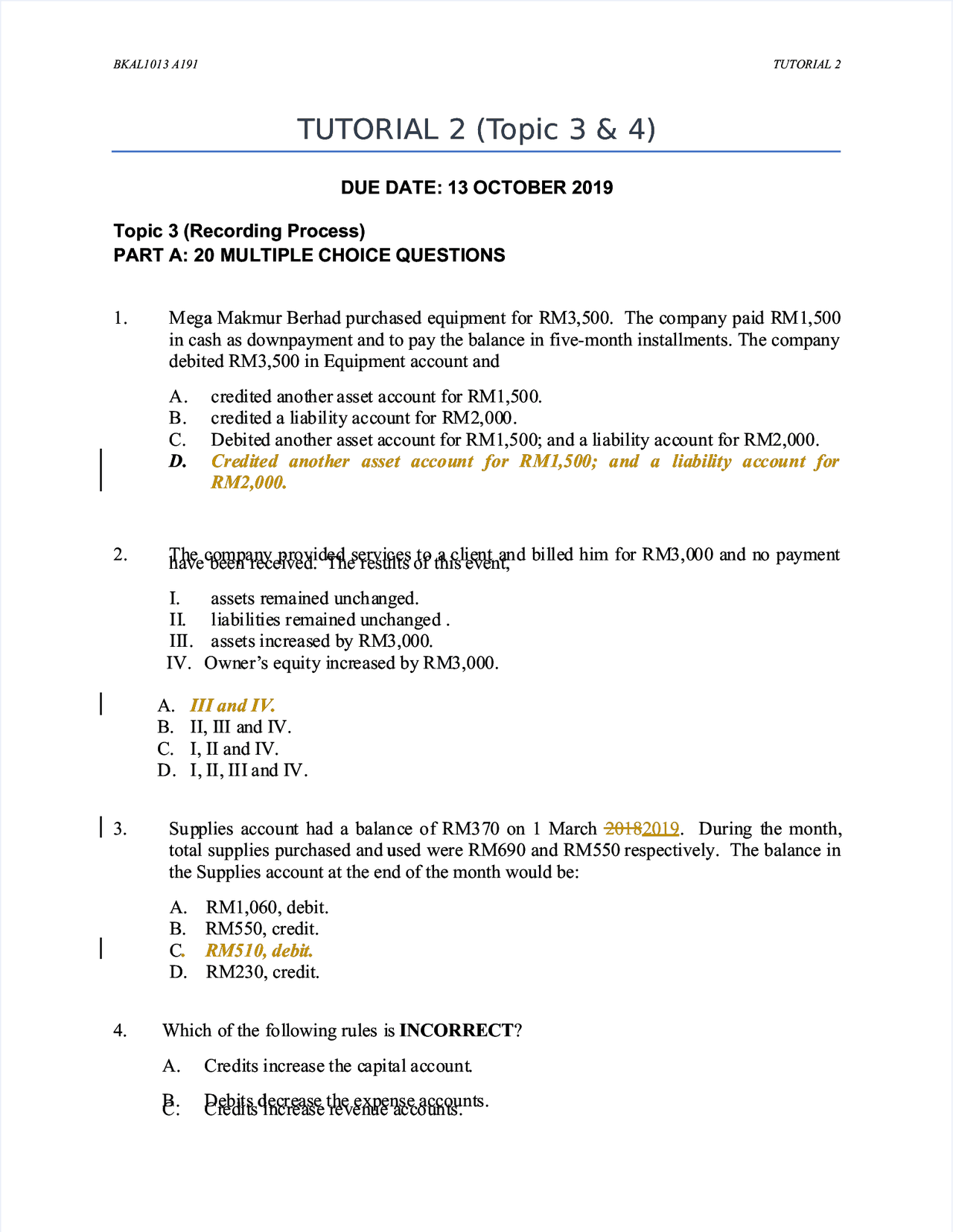 Tutorial 2 For Accounting Docsity
