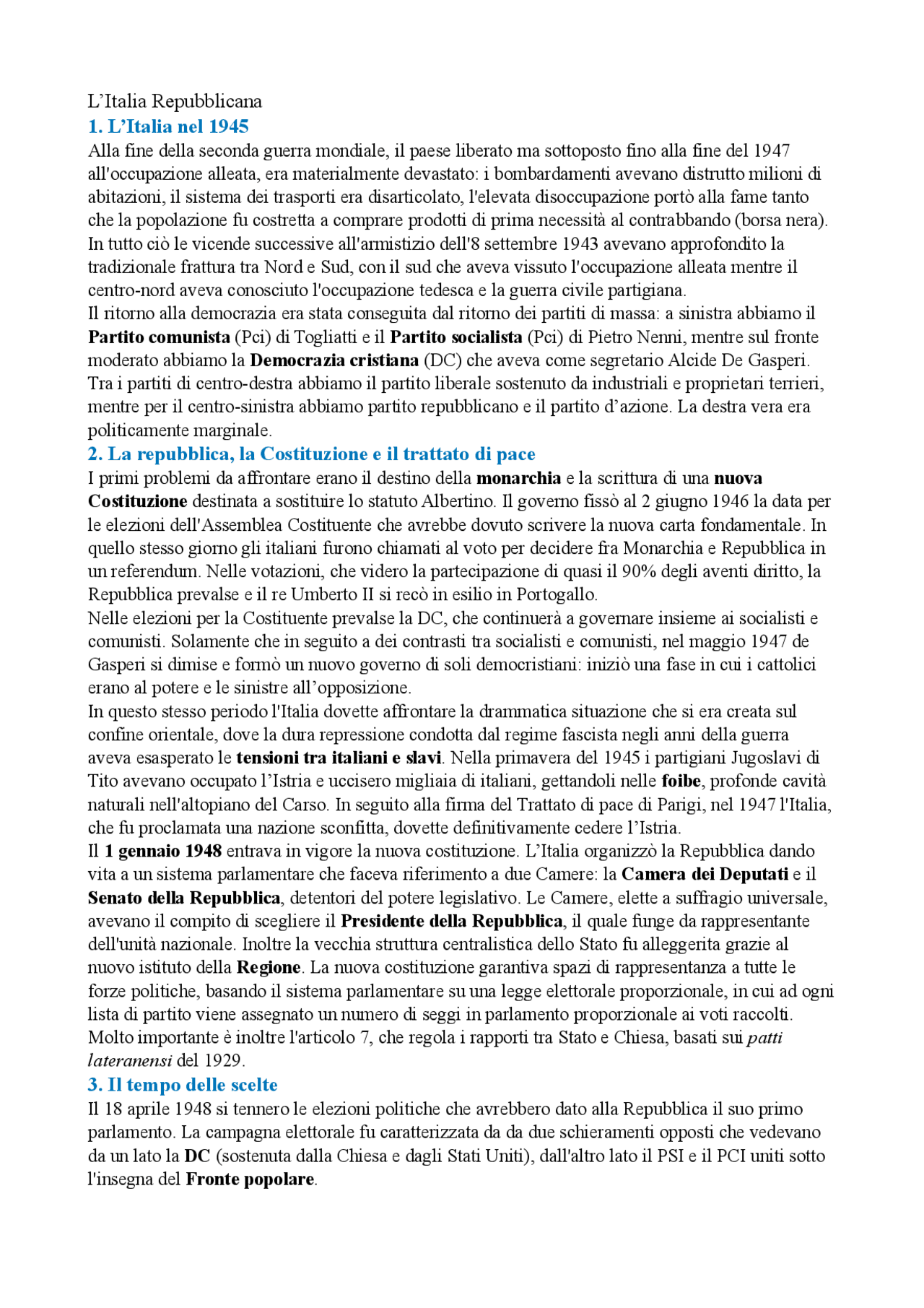 La prima repubblica italiana | Appunti di Storia - Docsity