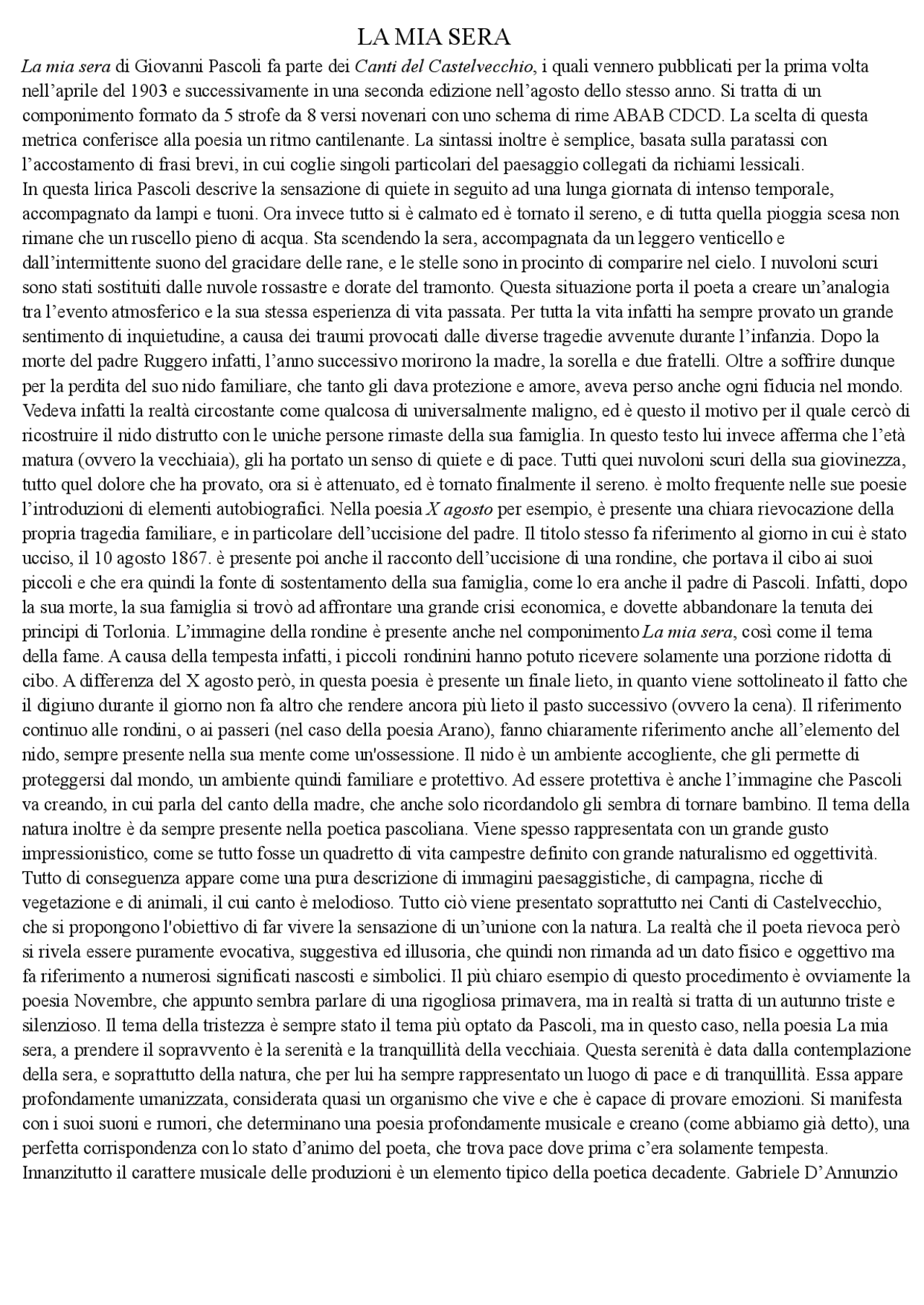 La mia sera, Pascoli - Docsity