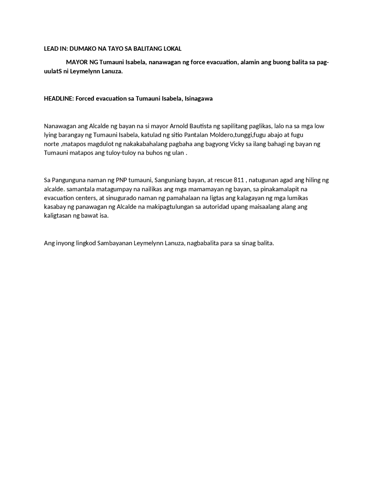 Sample News Report For Broadcasting Docsity
