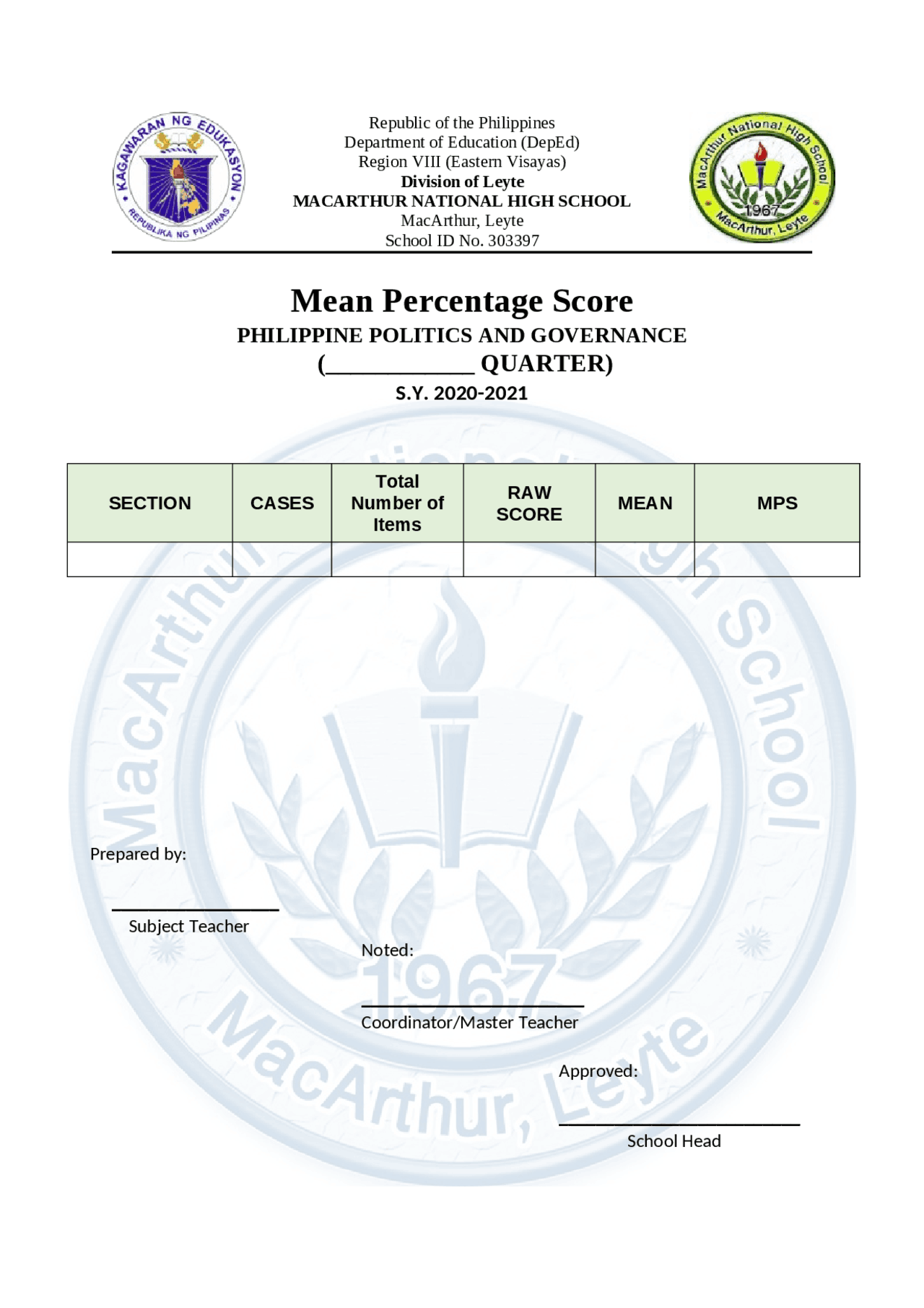 SAMPLE MPS TEMPLATE - Docsity