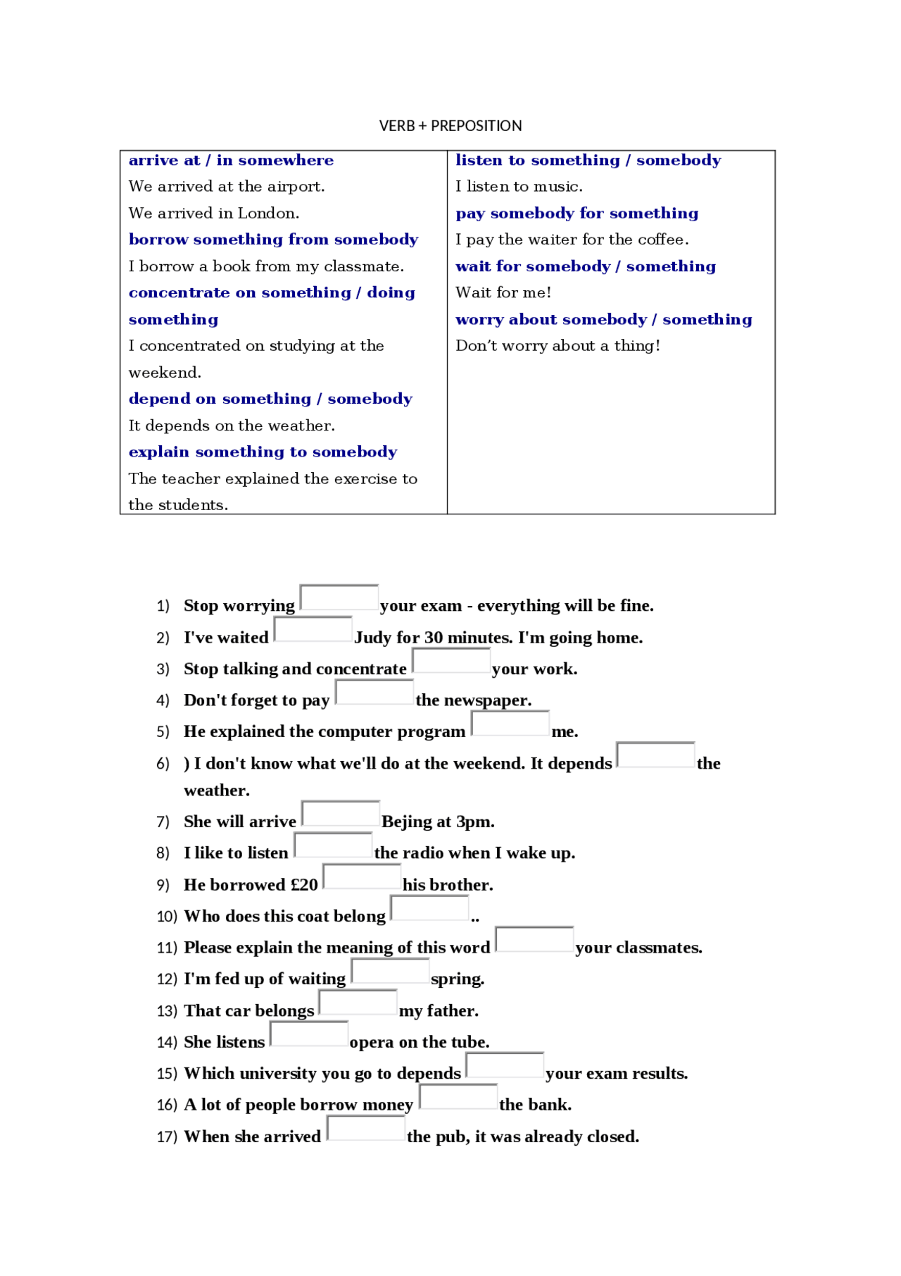 Exercises using verbs followed by preposition. | Ejercicios de Inglés ...