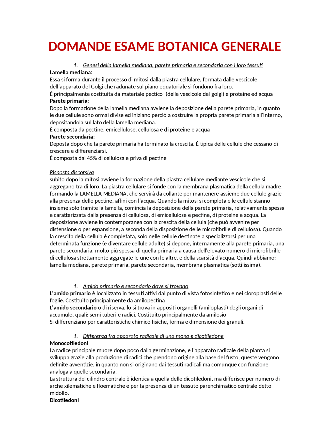 Domande Esame Botanica Generale Docsity