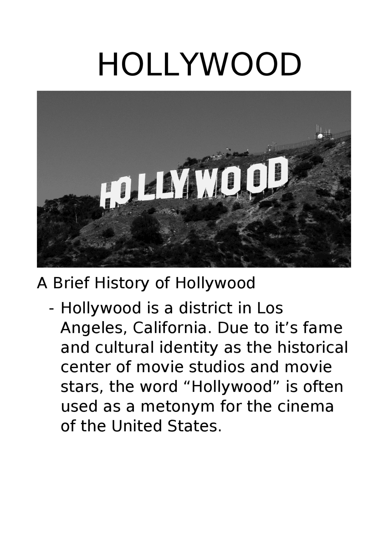 HOLLYWOOD file word inglese - Docsity